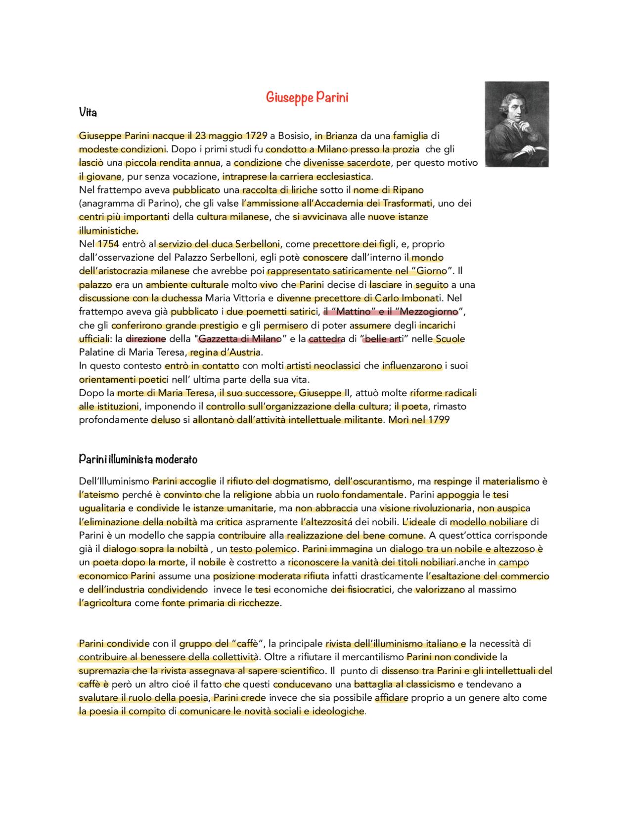 Giuseppe Parini Vita E Opere Docsity