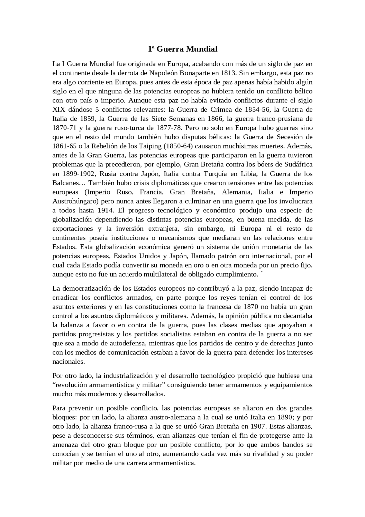 Apuntes sobre lectura 1ª Guerra Mundial - Docsity