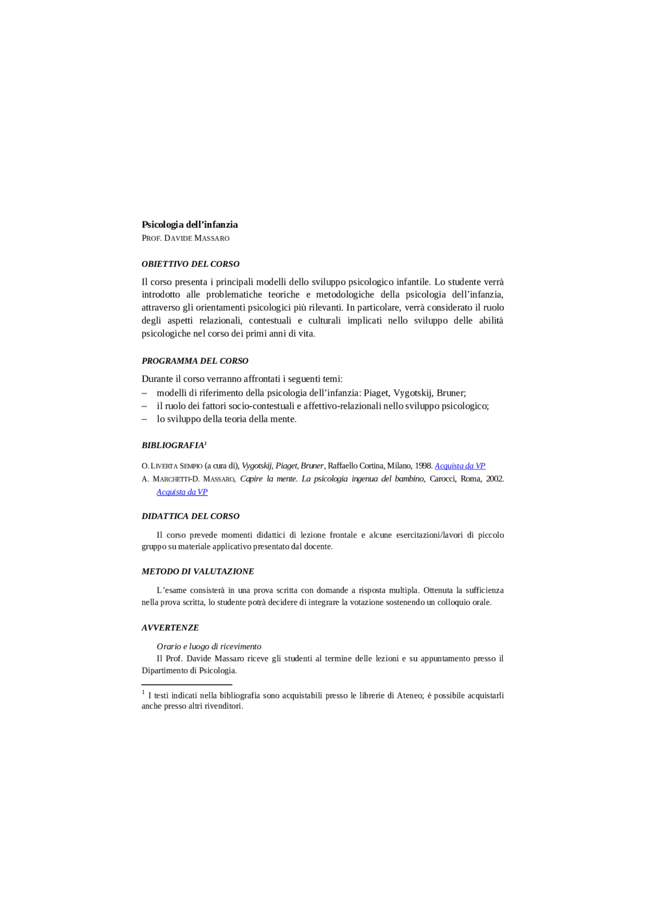 Programma esame Psicologia dell'Infanzia - Docsity