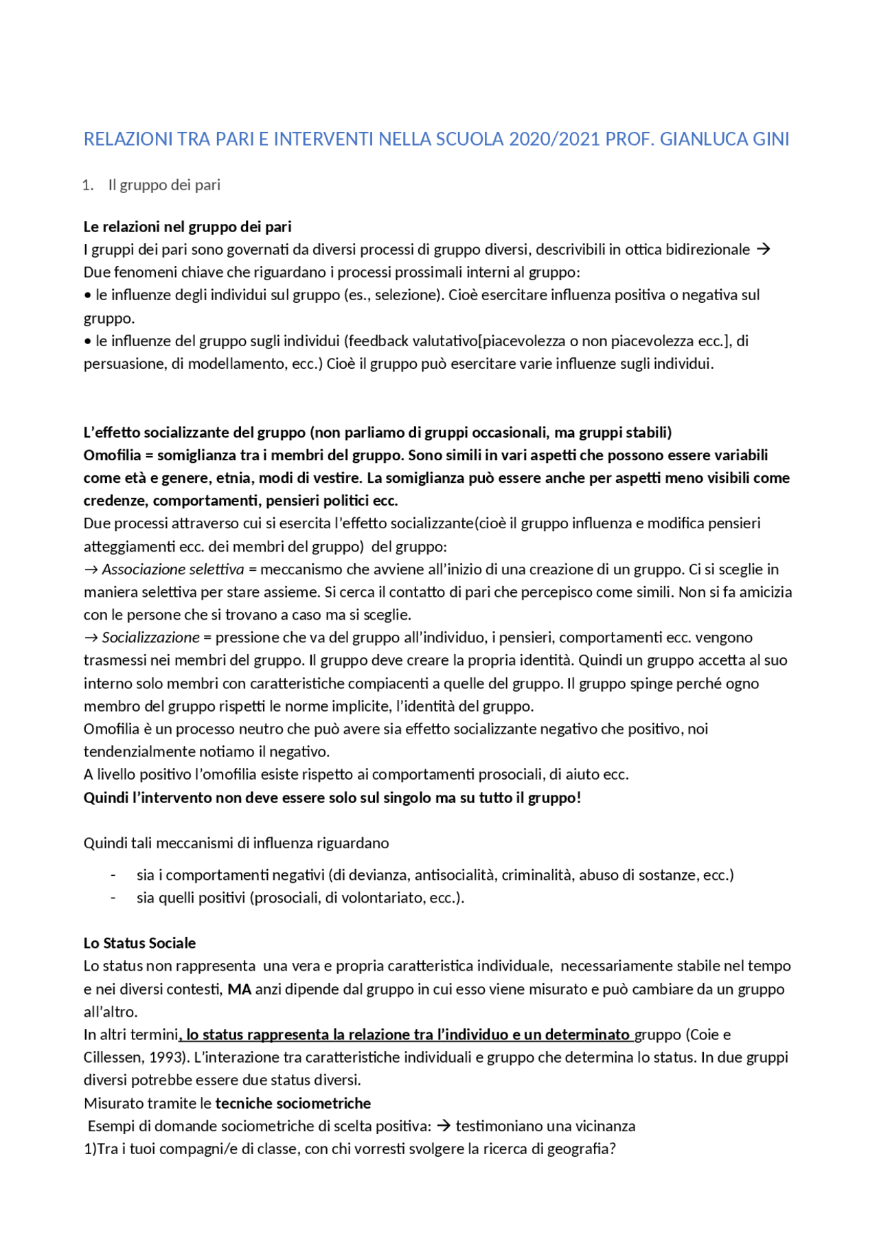 Relazioni Tra Pari E Interventi Nella Scuola Unipd Prof Gini Docsity