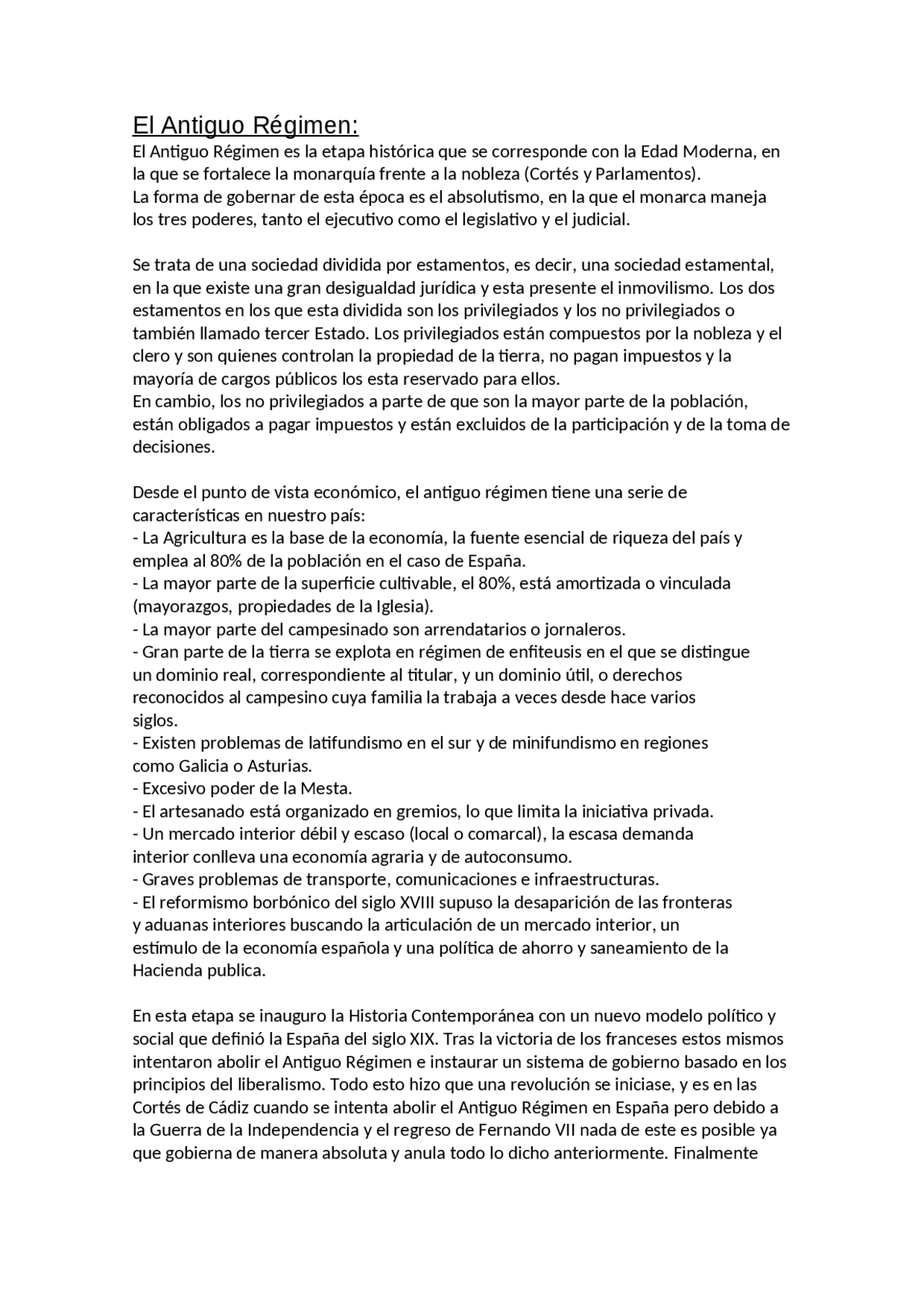 Antiguo Régimen pregunta corta historia 2ºBach - Docsity