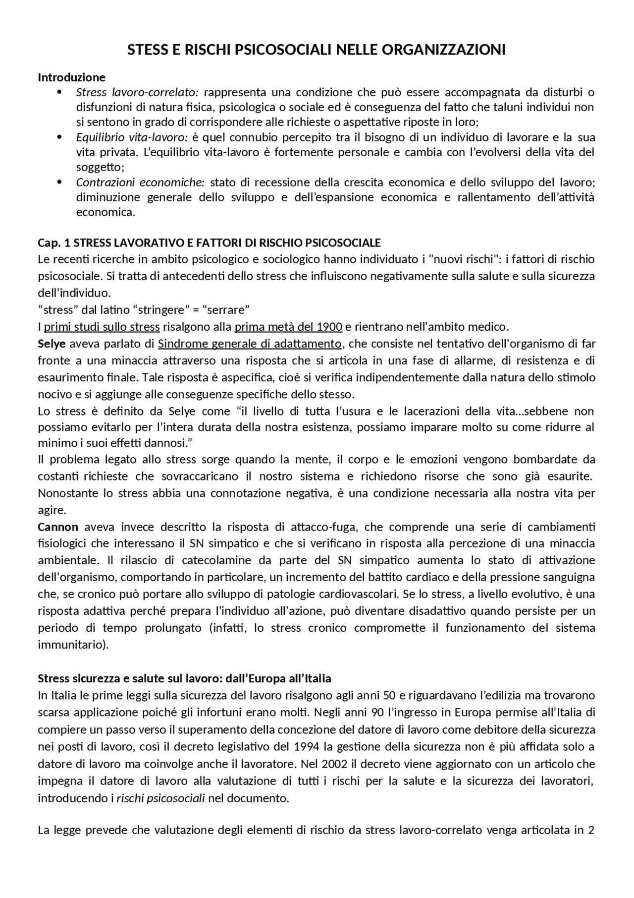 Riassunto "Stress e rischi psicosociali nelle organizzazioni" di Francaroli, Balducci - Docsity