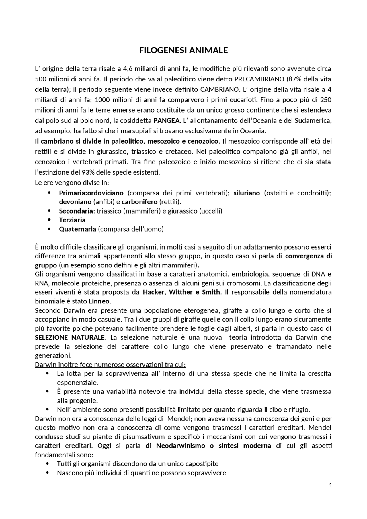 Riassunti di filogenesi animale - Docsity