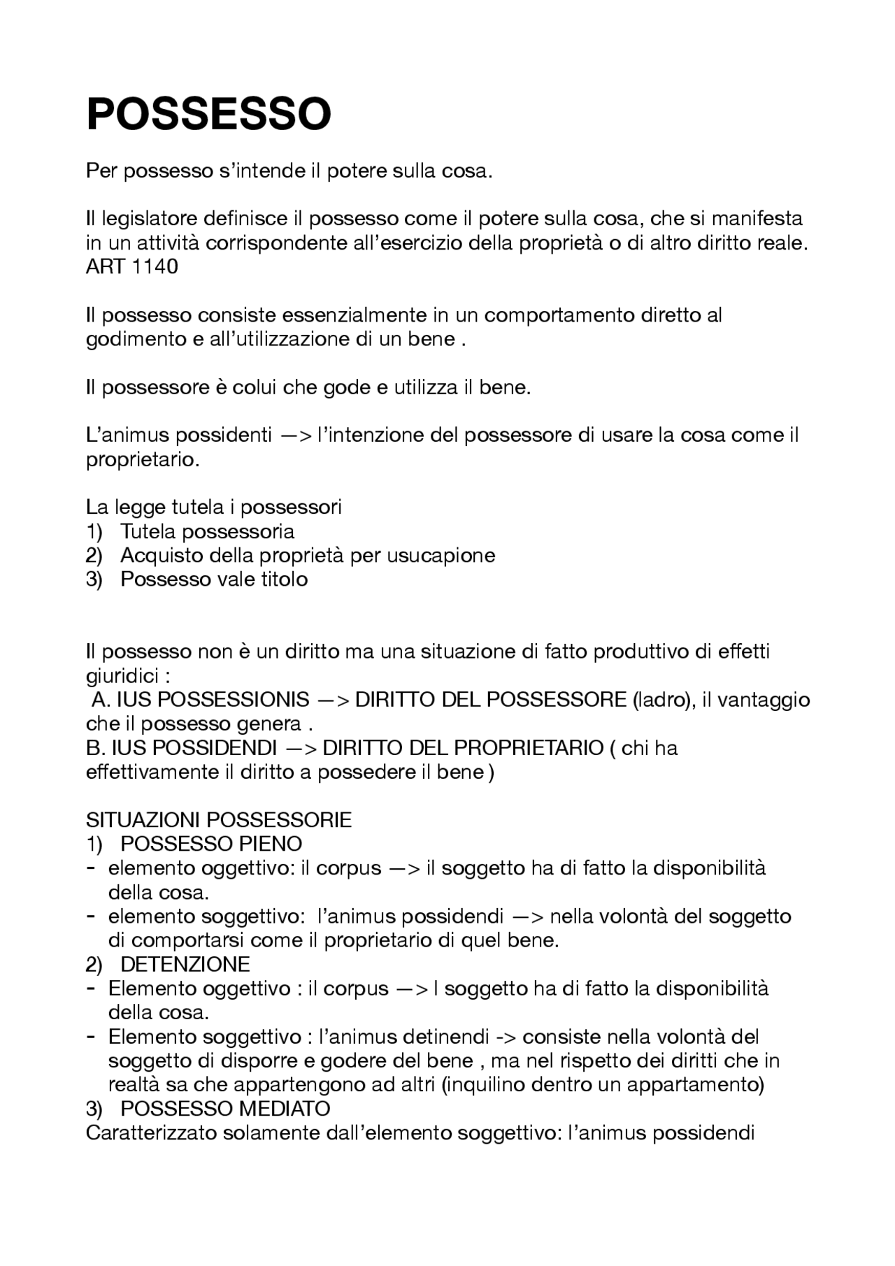 Schemi sul possesso | Sintesi del corso di Diritto Privato | Docsity