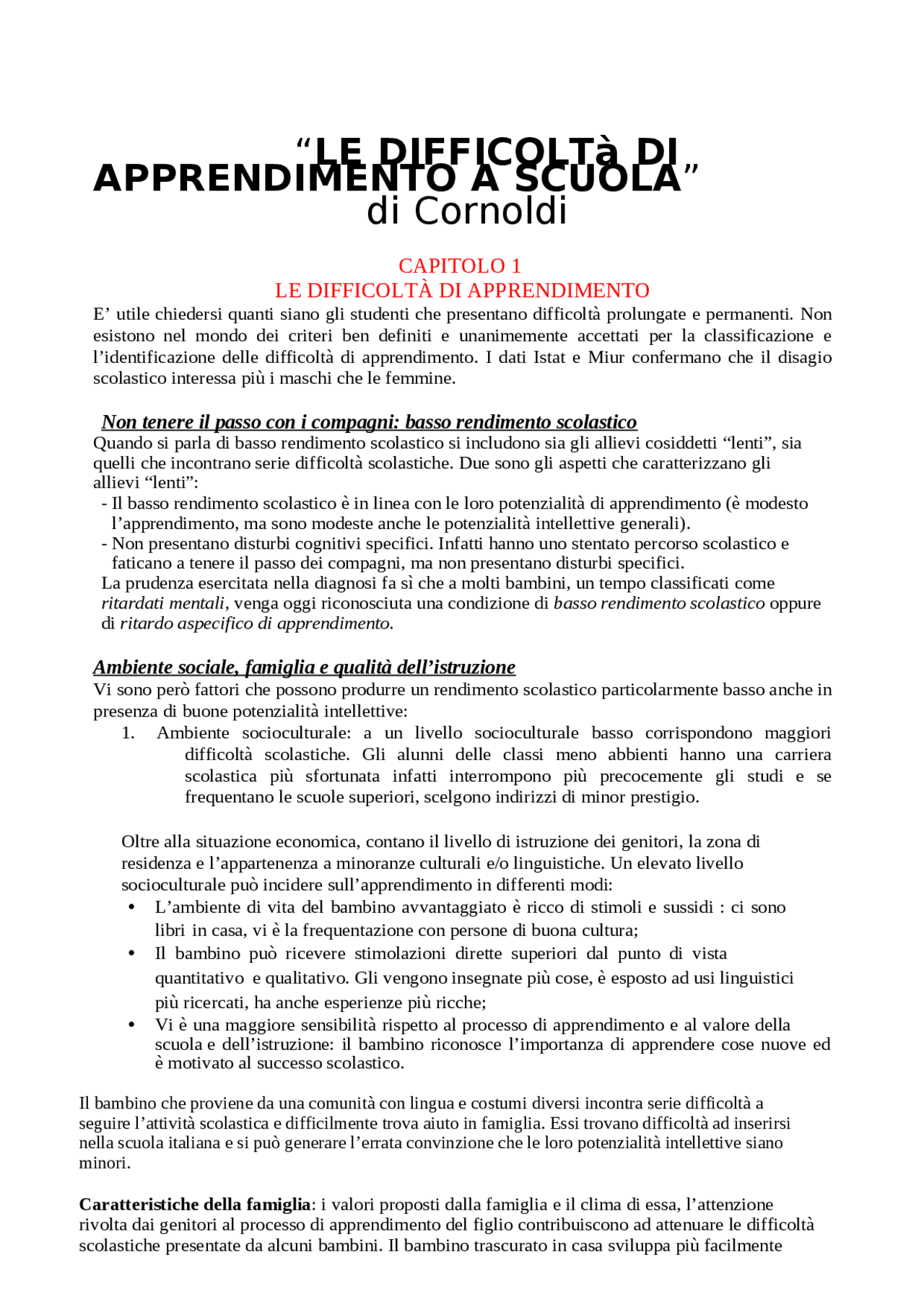 Le Difficoltà Di Apprendimento A Scuola Di Cornoldi Docsity