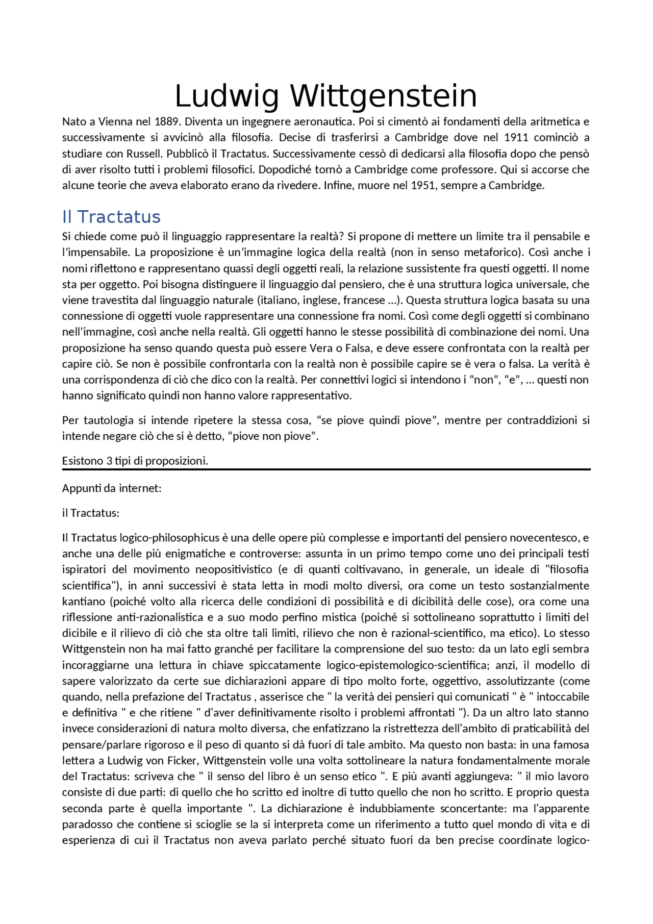 Riassunto E Appunti Su Wittgenstein Docsity