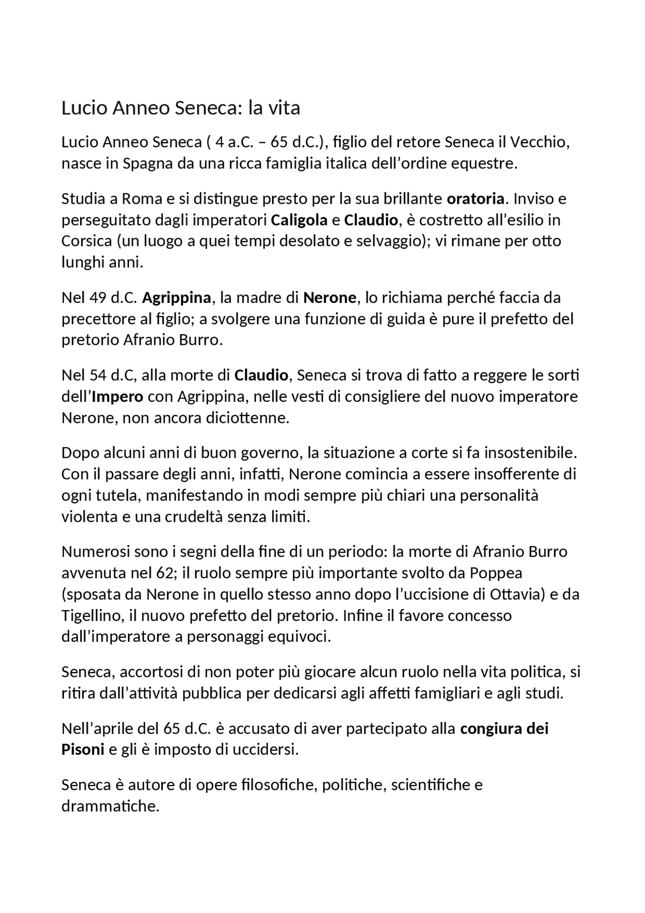 Seneca, vita e opere, riassunto | Appunti di Latino | Docsity