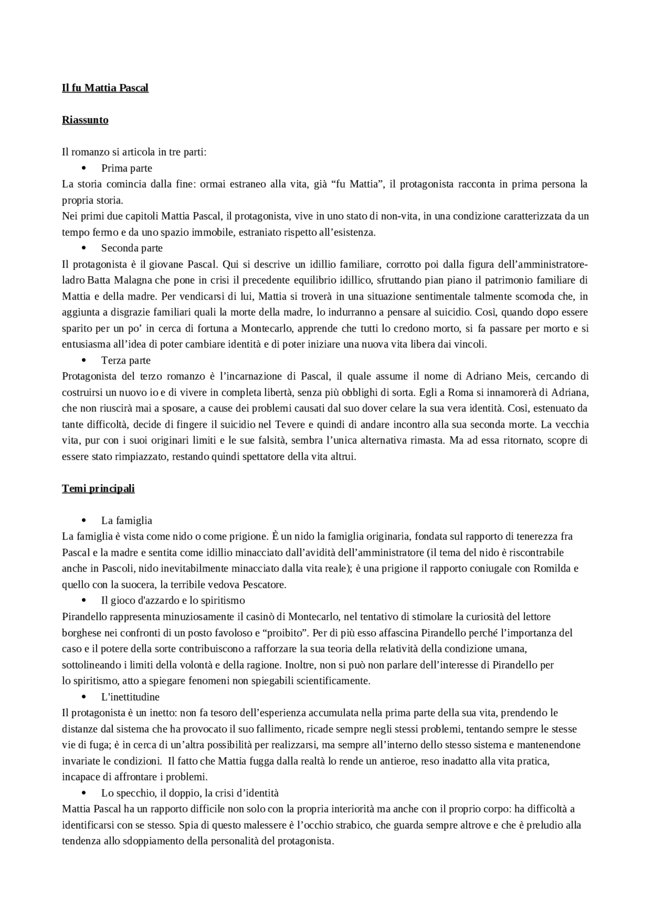 Il Fu Mattia Pascal Appunti Letteratura Docsity