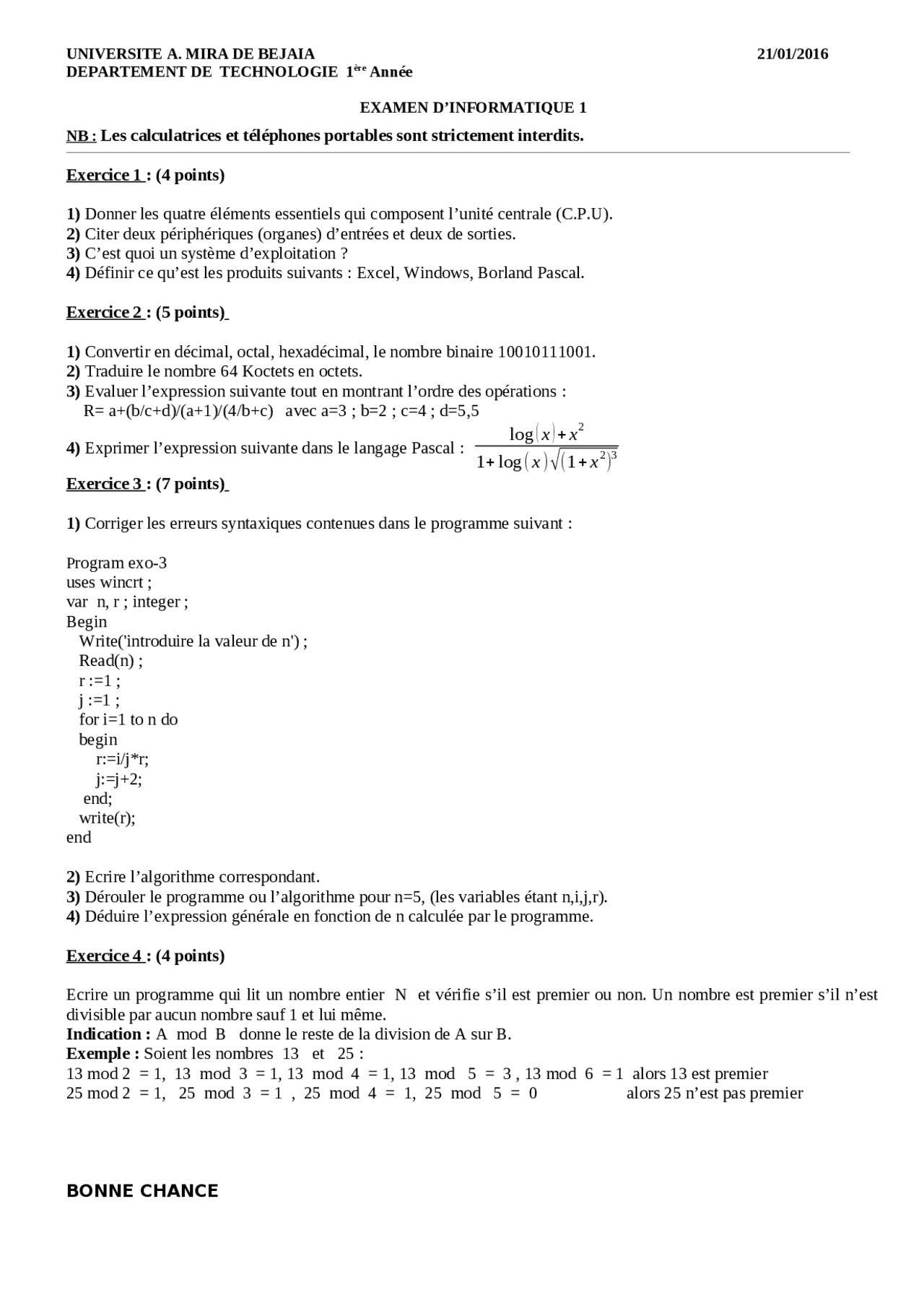 Exam Informatique Pour Le 1er Semestre Docsity
