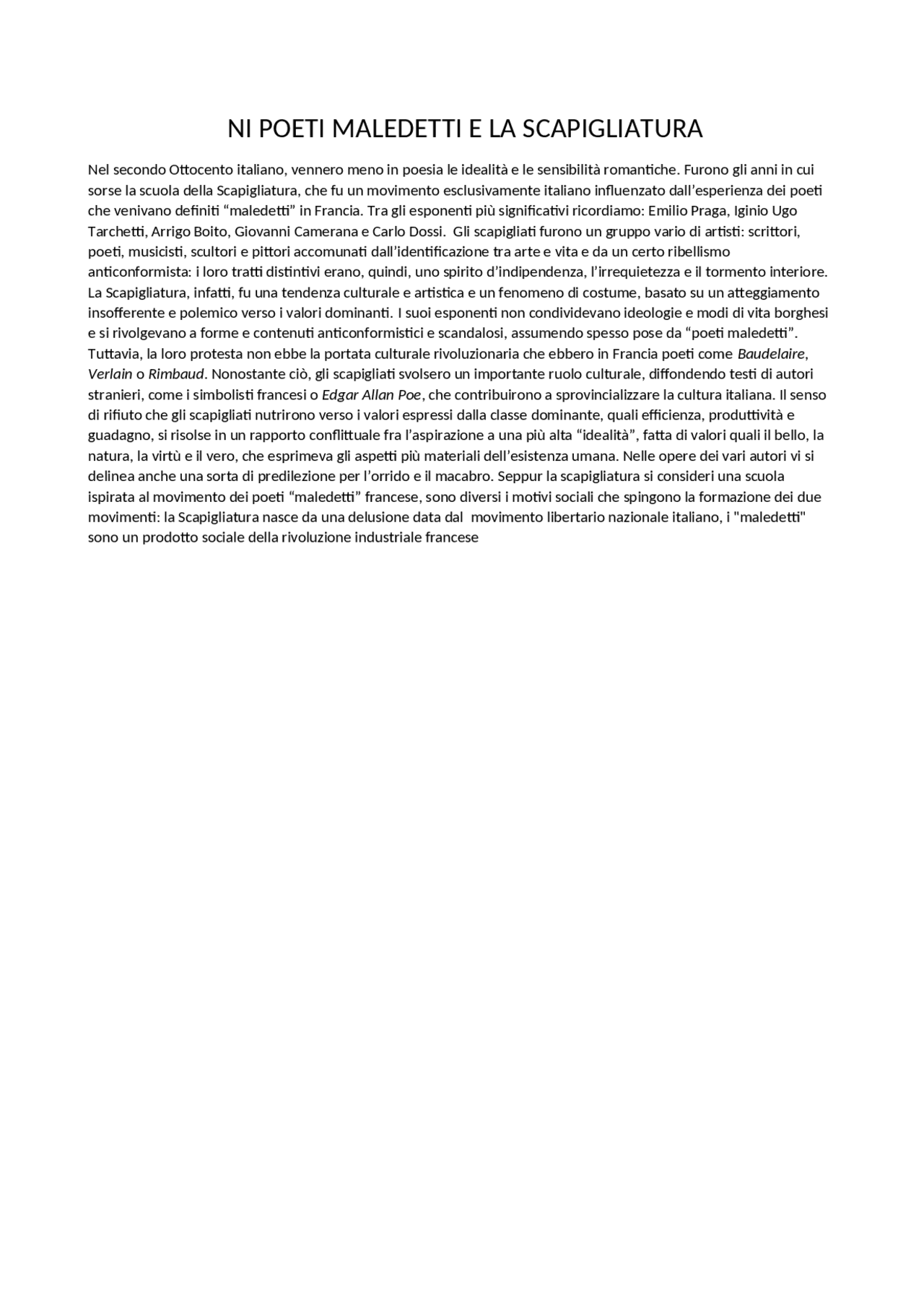 I POETI MALEDETTI E LA SCAPIGLIATURA - Docsity