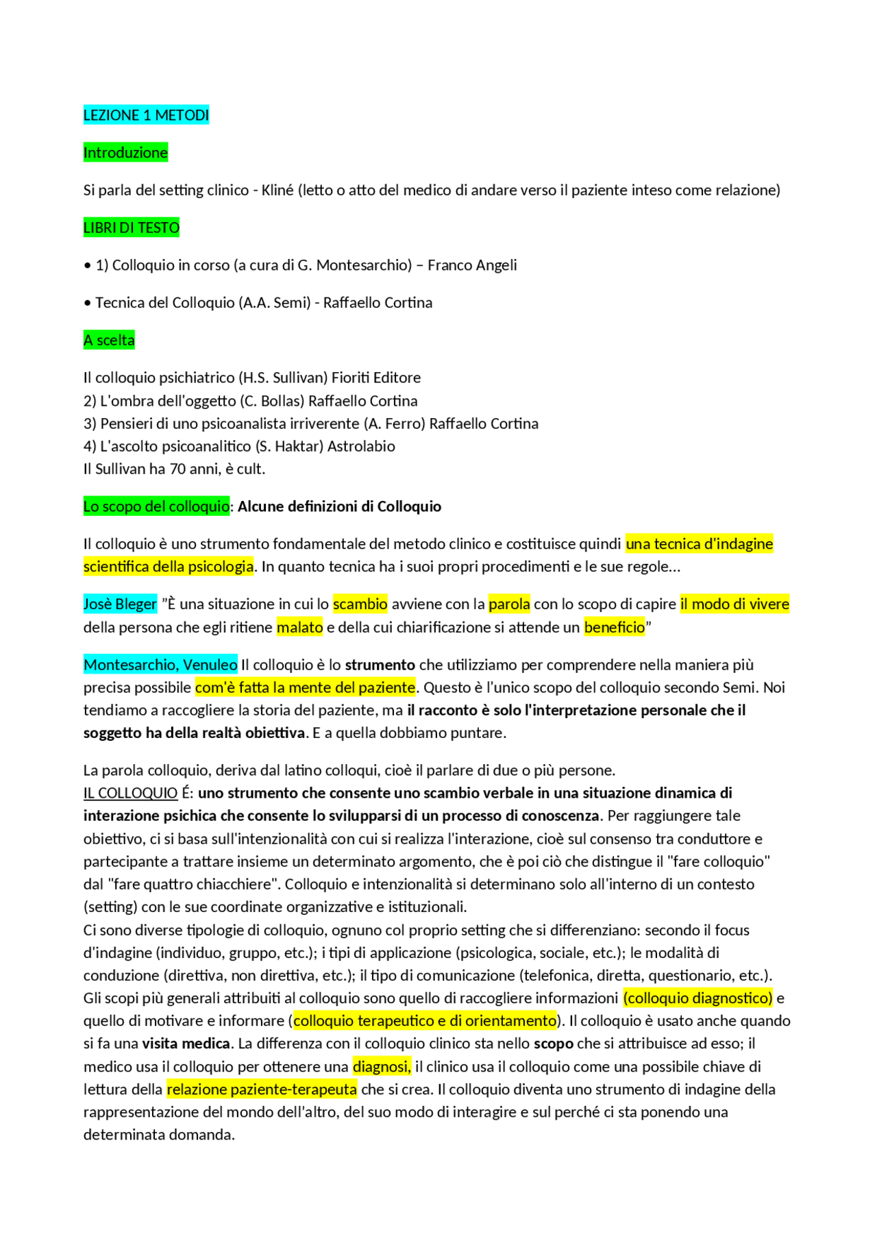 Lezioni Metodi E Tecniche Del Colloquio Clinico Docsity