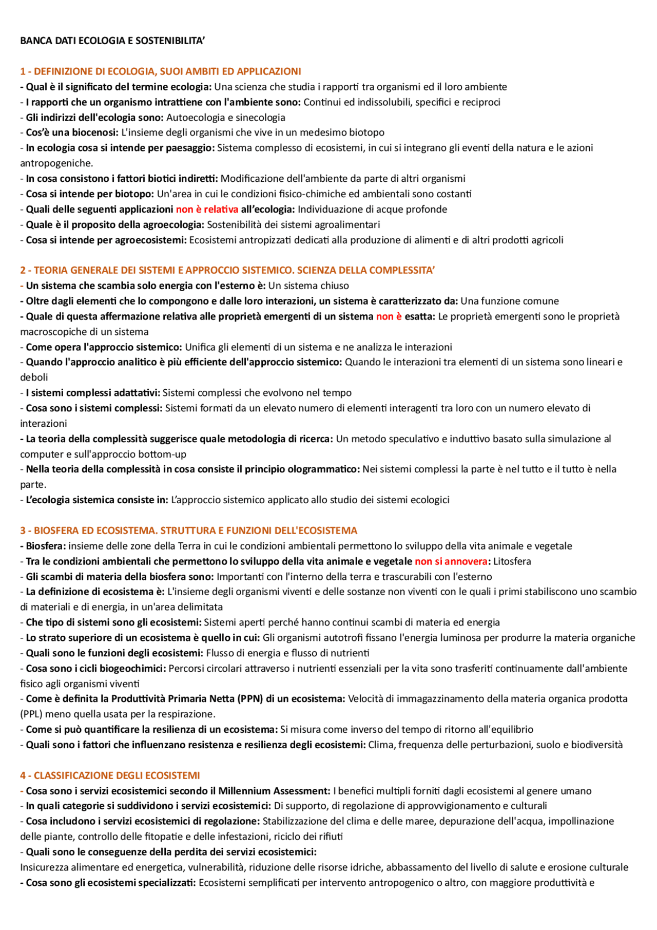 Ecologia Università Mercatorum Prove Desame Di Ecologia Docsity