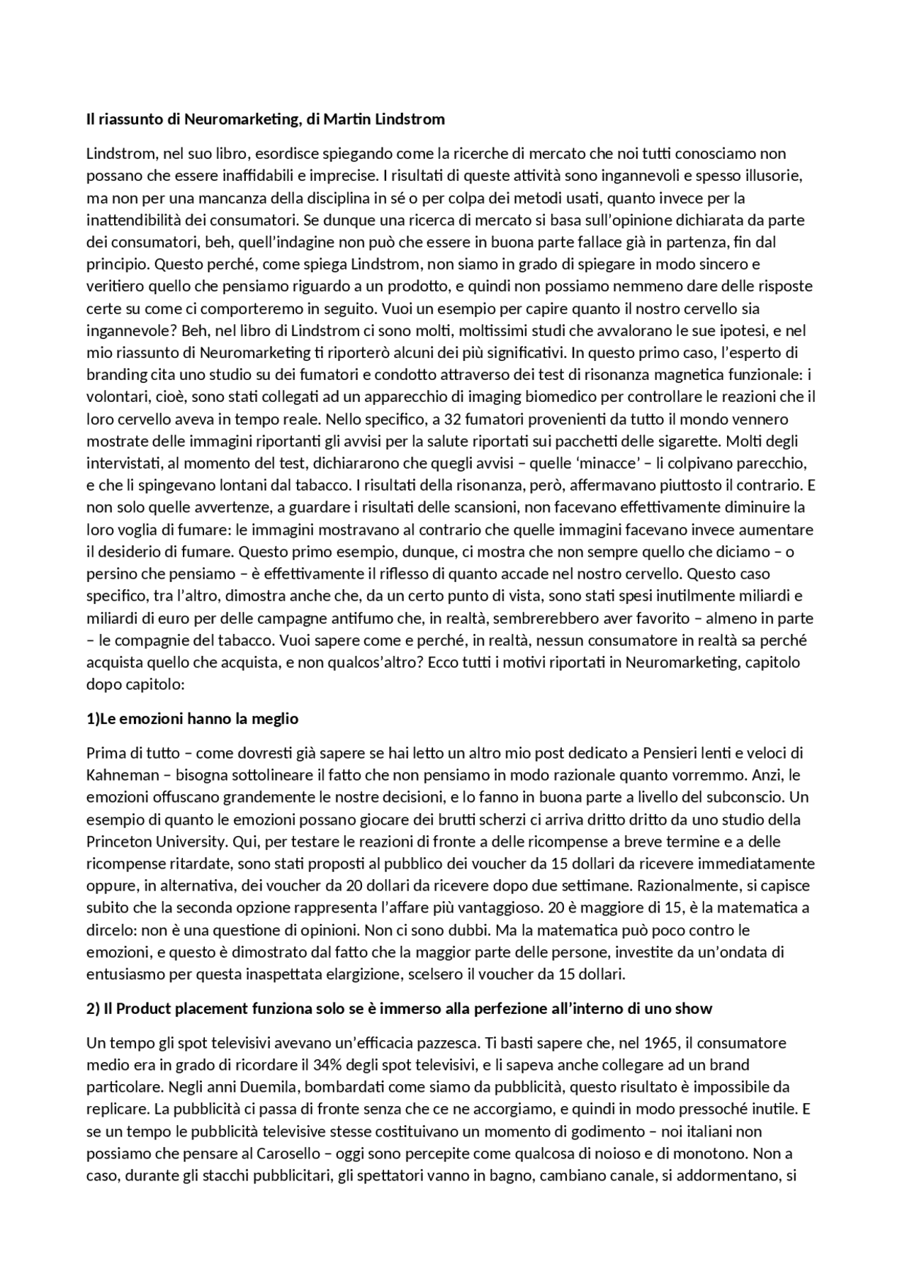 Riassunto Neuromarketing Docsity