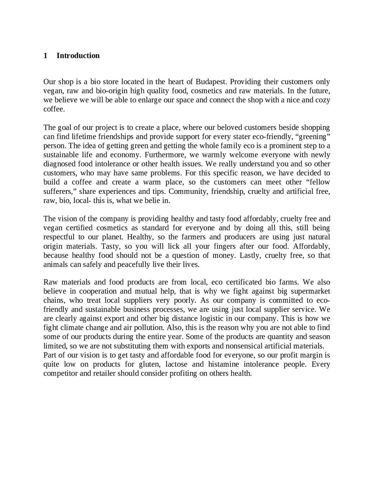 Business plan description | Assignments Cooking Basics | Docsity