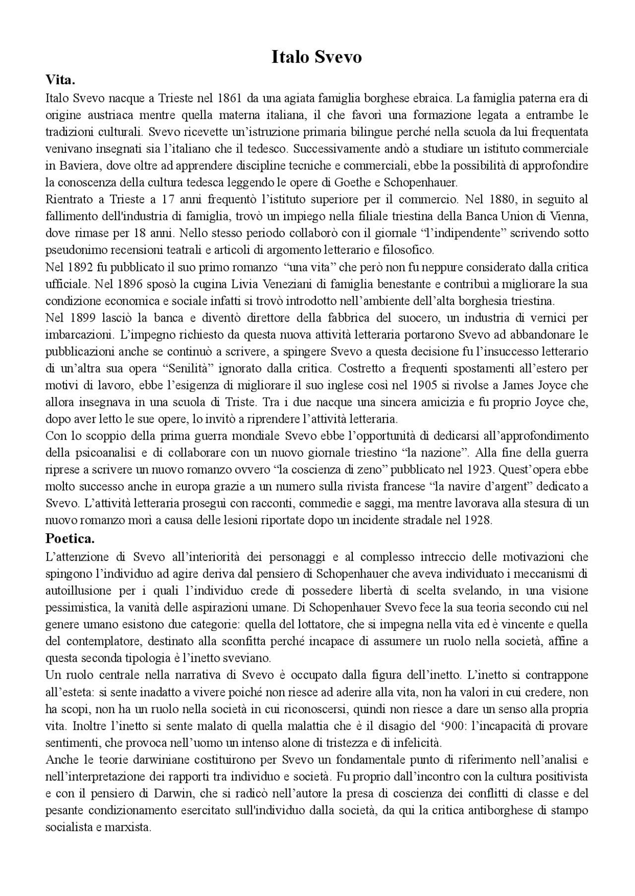 Italo Svevo, vita, opere e pensiero - Docsity