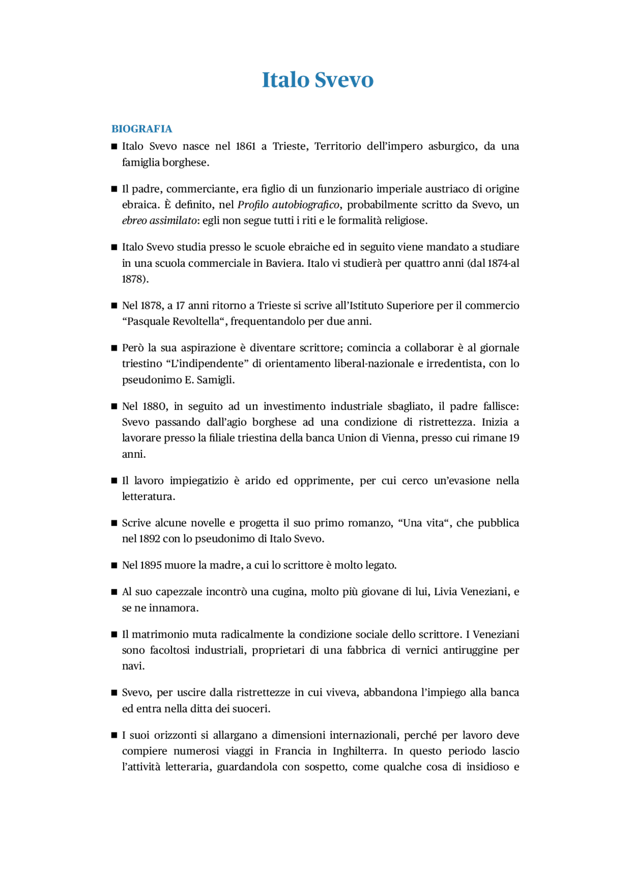 Italo Svevo (vita, opere, pensiero) - Docsity