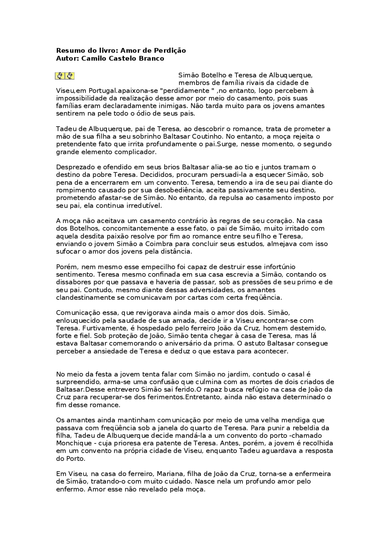 Resumo Amor de perdição | Resumos Português (Gramática - Literatura ...