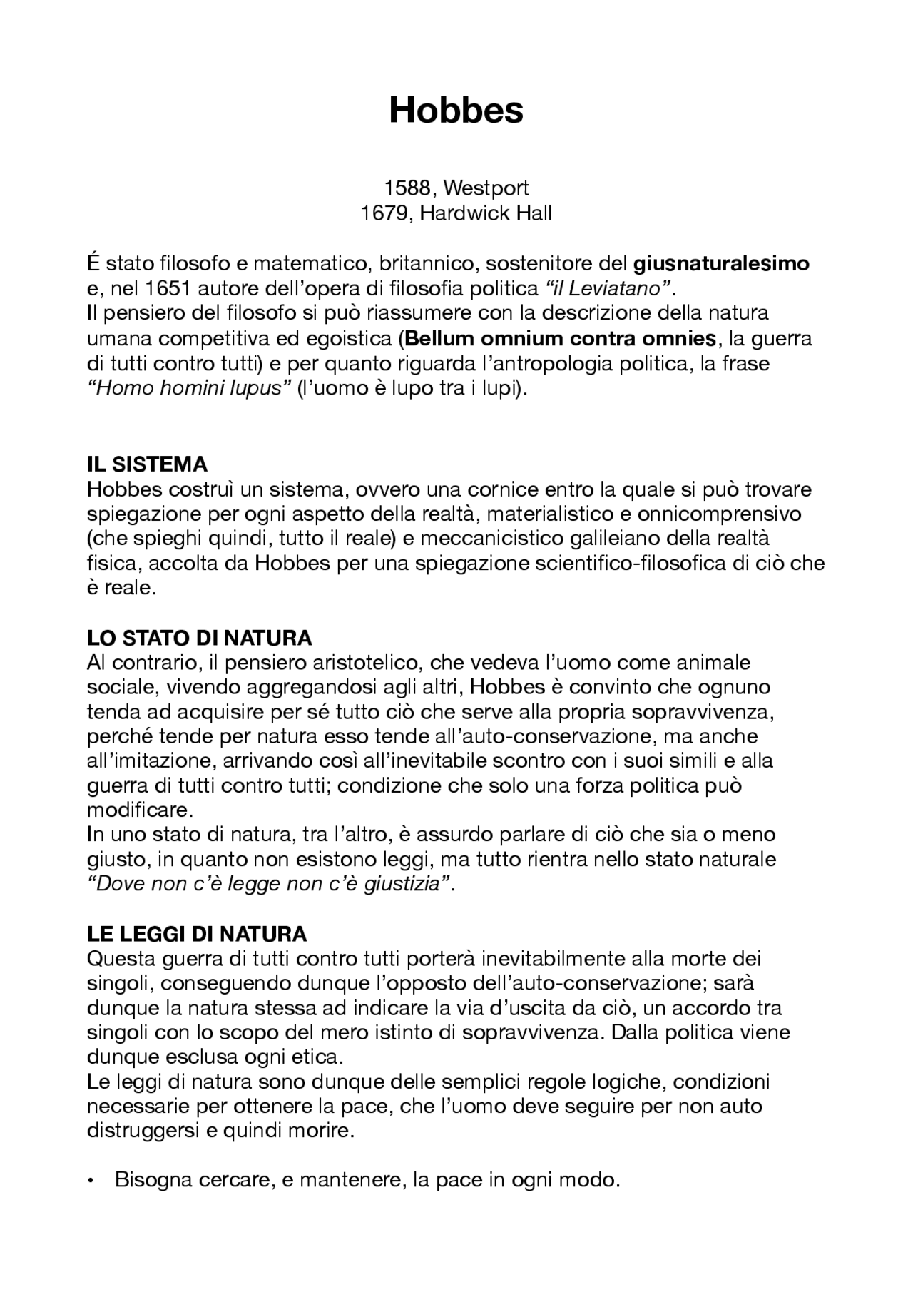 Hobbes Riassunto Pensiero Docsity