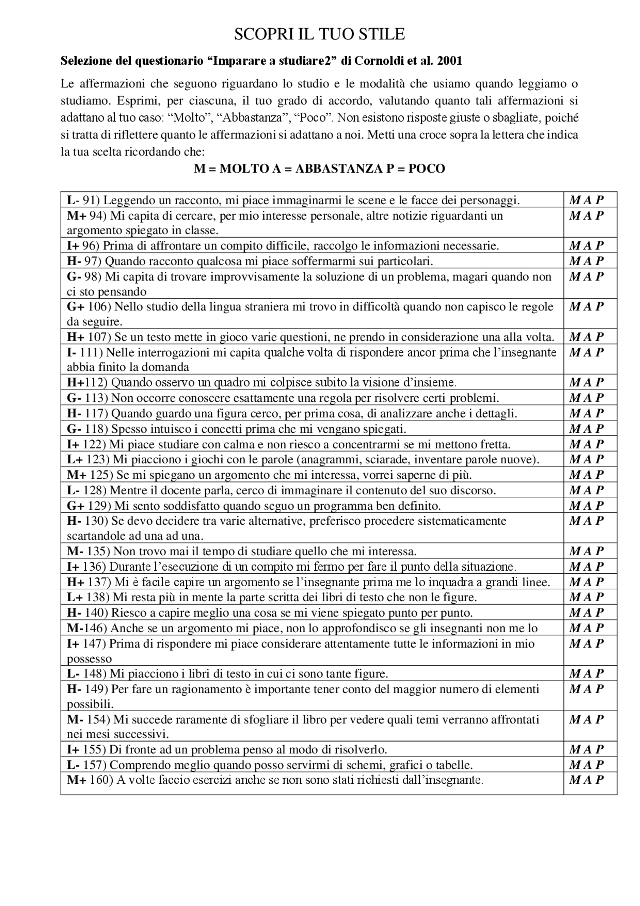 Stili Cognitivi Di Cornoldi Docsity