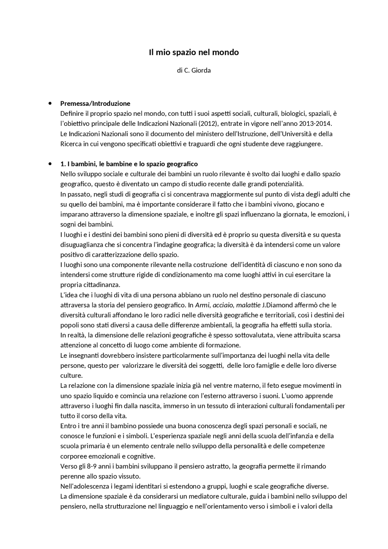 Riassunto del libro "il mio spazio nel mondo" - Docsity