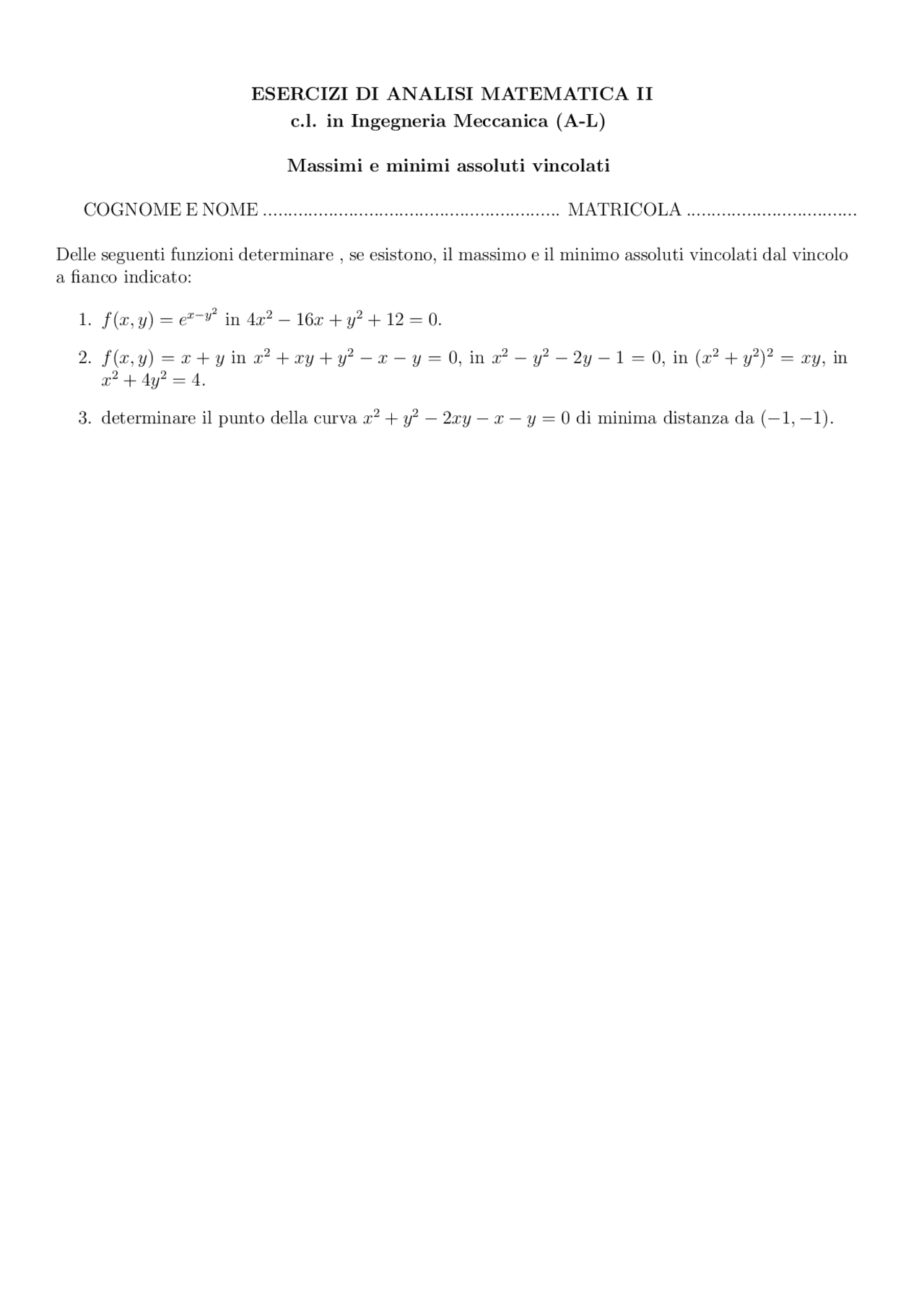 Esercizi Massimi E Minimi Vincolati Docsity