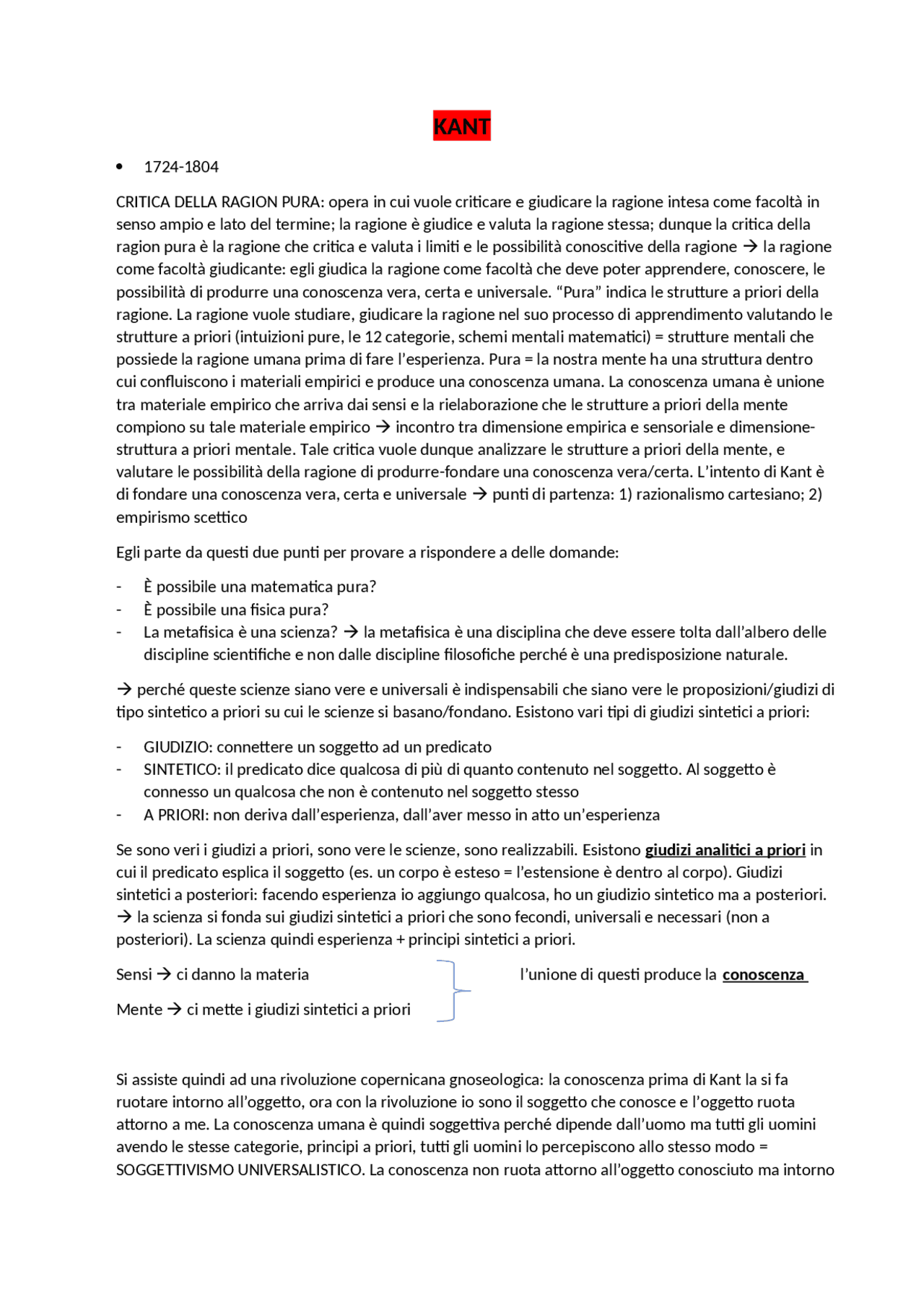 Kant Critica Alla Ragion Pura E Alla Ragion Pratica Docsity