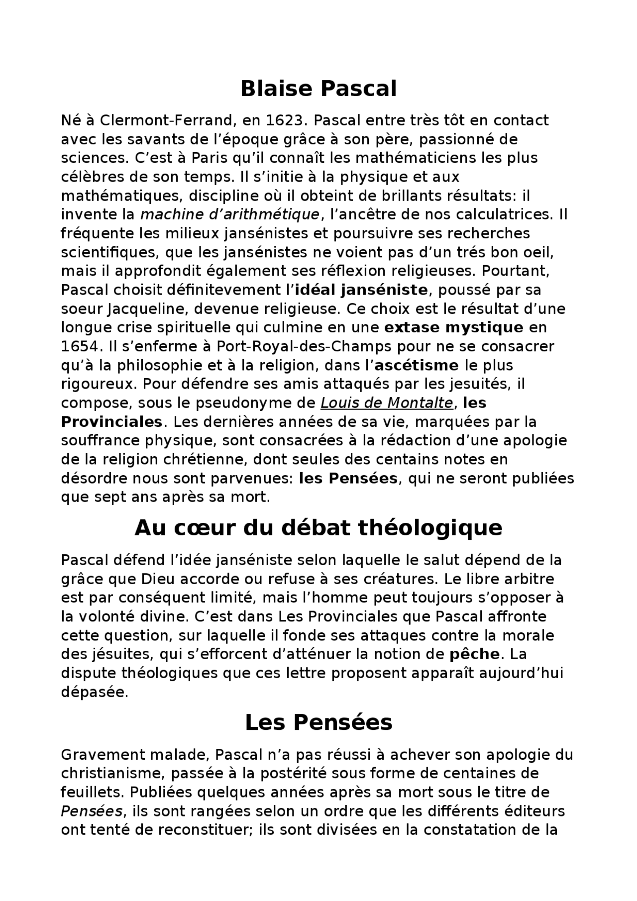 Riassunto Blaise Pascal In Francese Docsity