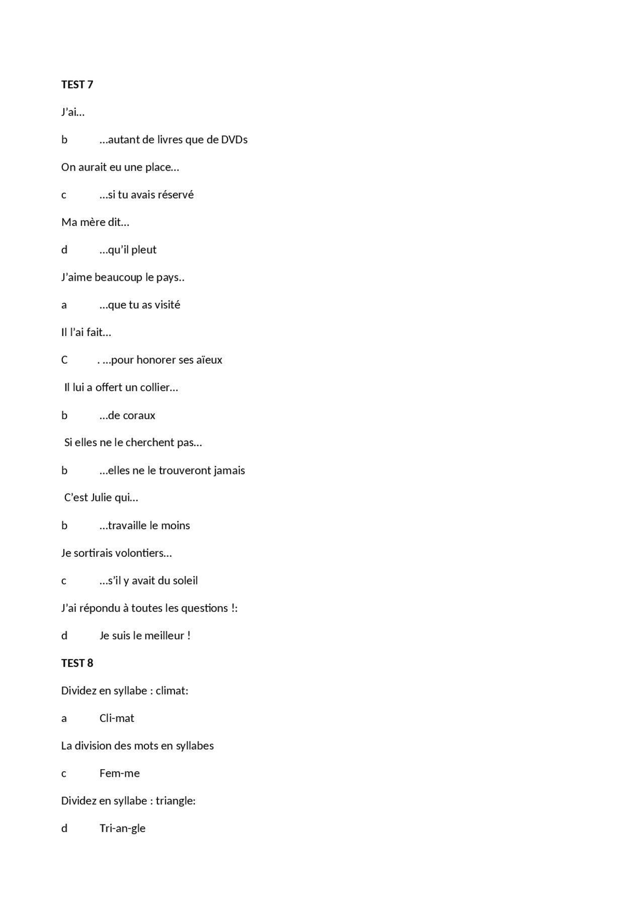 Test Autovalutazione Lingua Francese Docsity