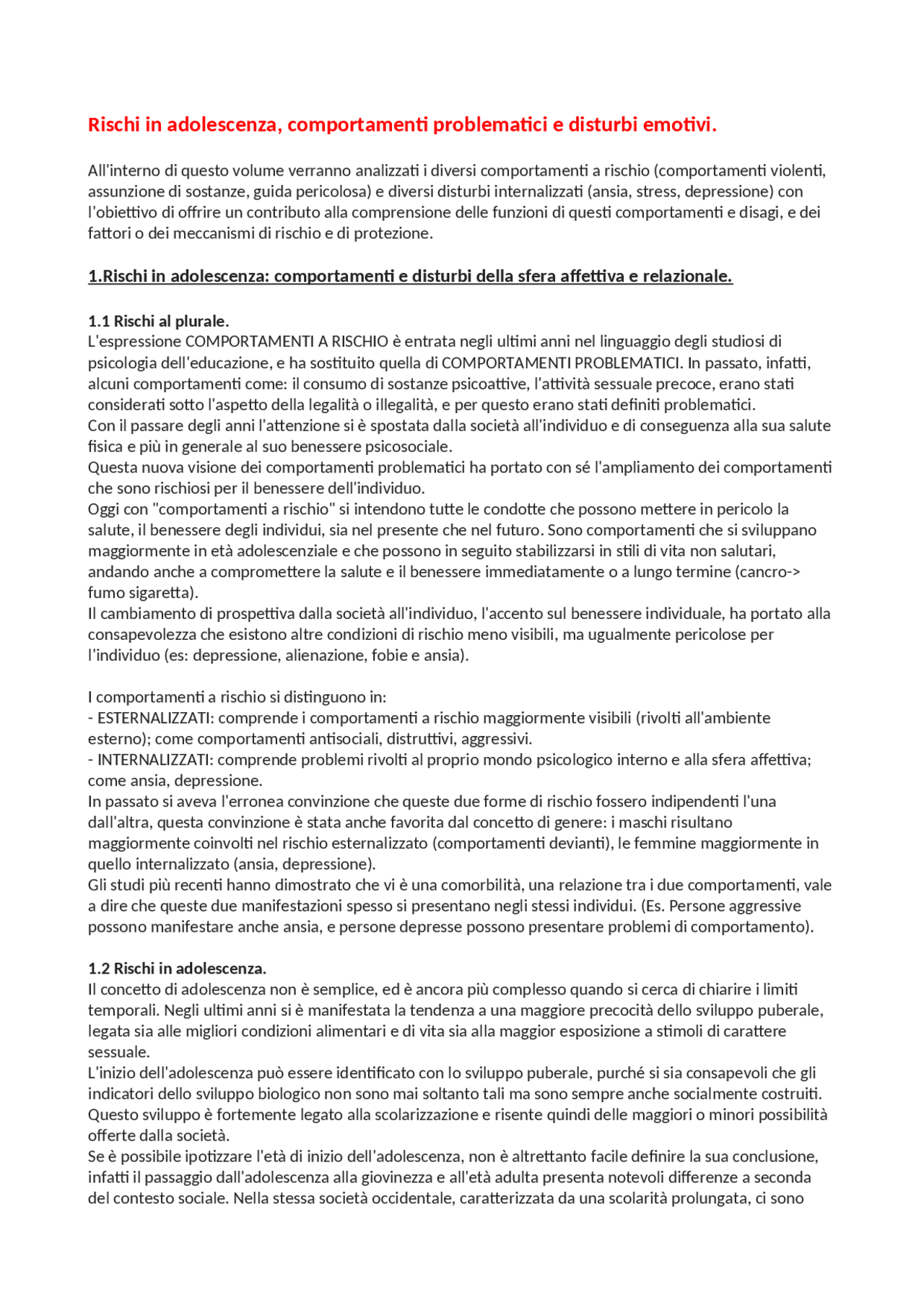 Rischi in adolescenza: comportamenti problematici e disturbi emotivi - Docsity