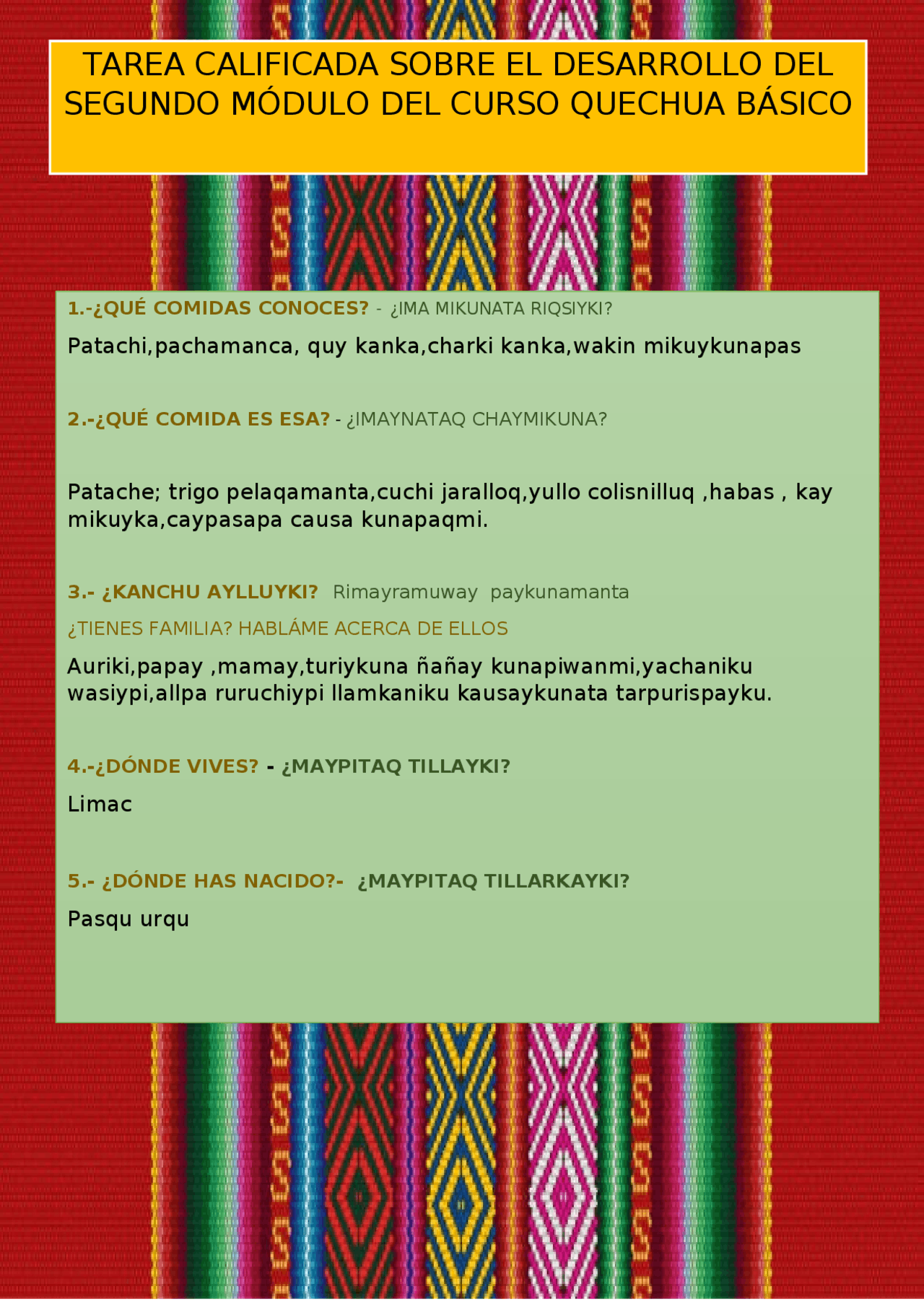 Comidas en quechua- al estilo de quechuca central - Docsity