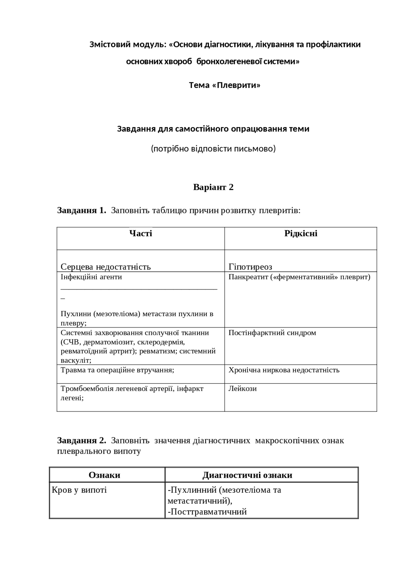 Рабочая тетрадь по теме Плевриты Docsity
