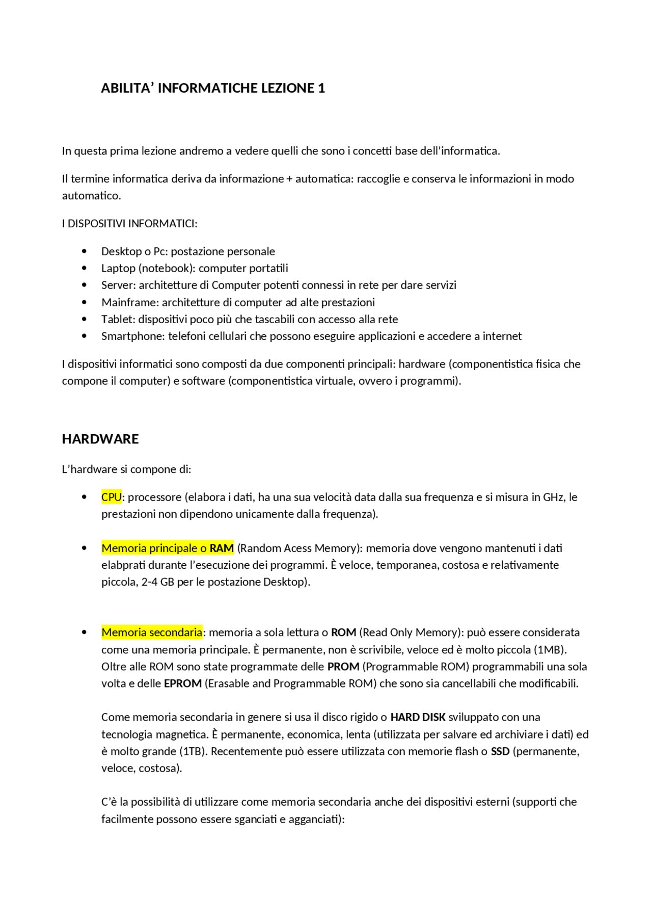 Prima Introduzione Allinformatica Docsity