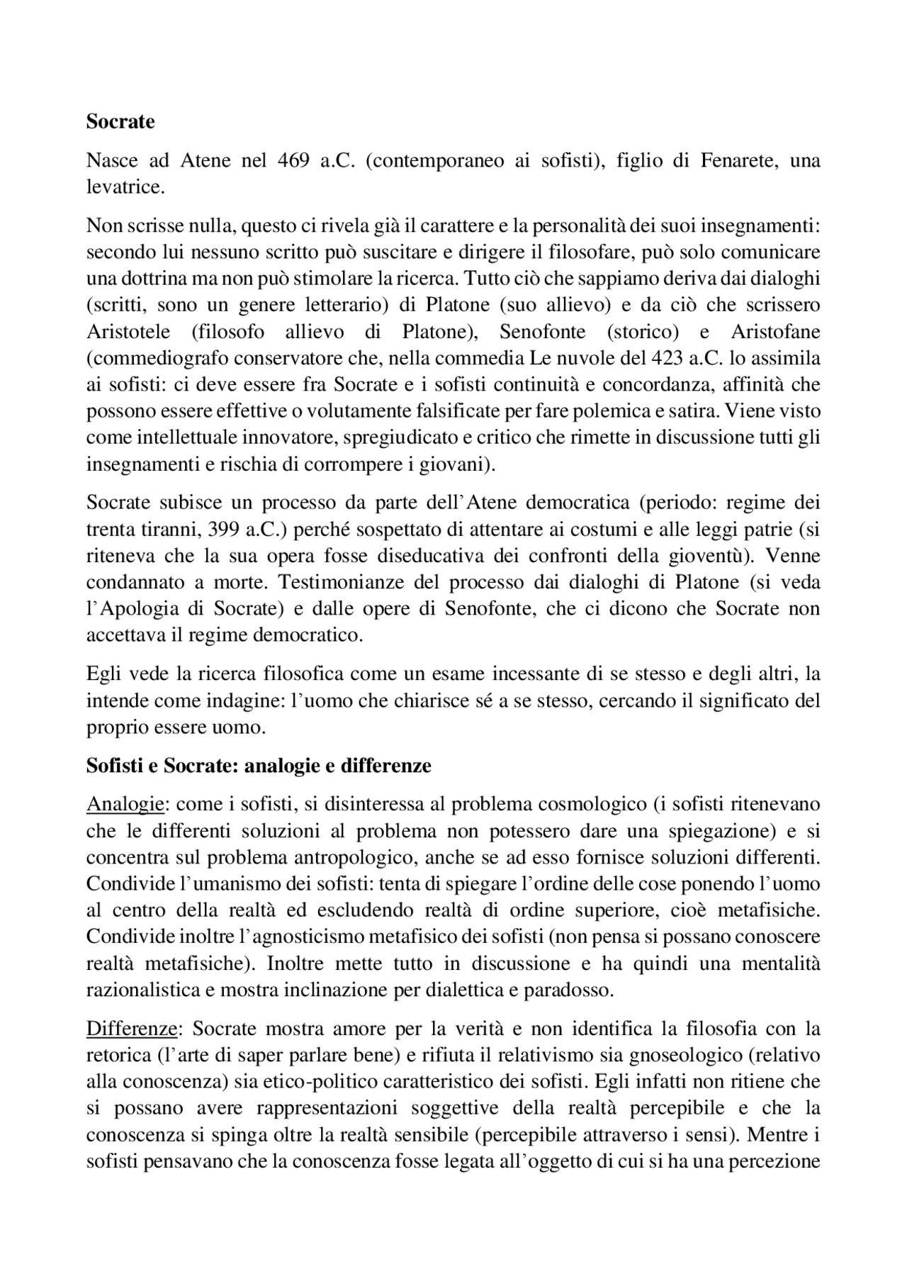 Appunti Su Socrate Confronto Con I Sofisti Docsity