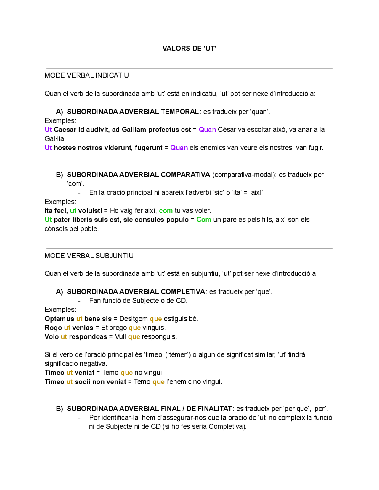 Valors De Ut Llengua Llatina Apuntes De Latín Docsity