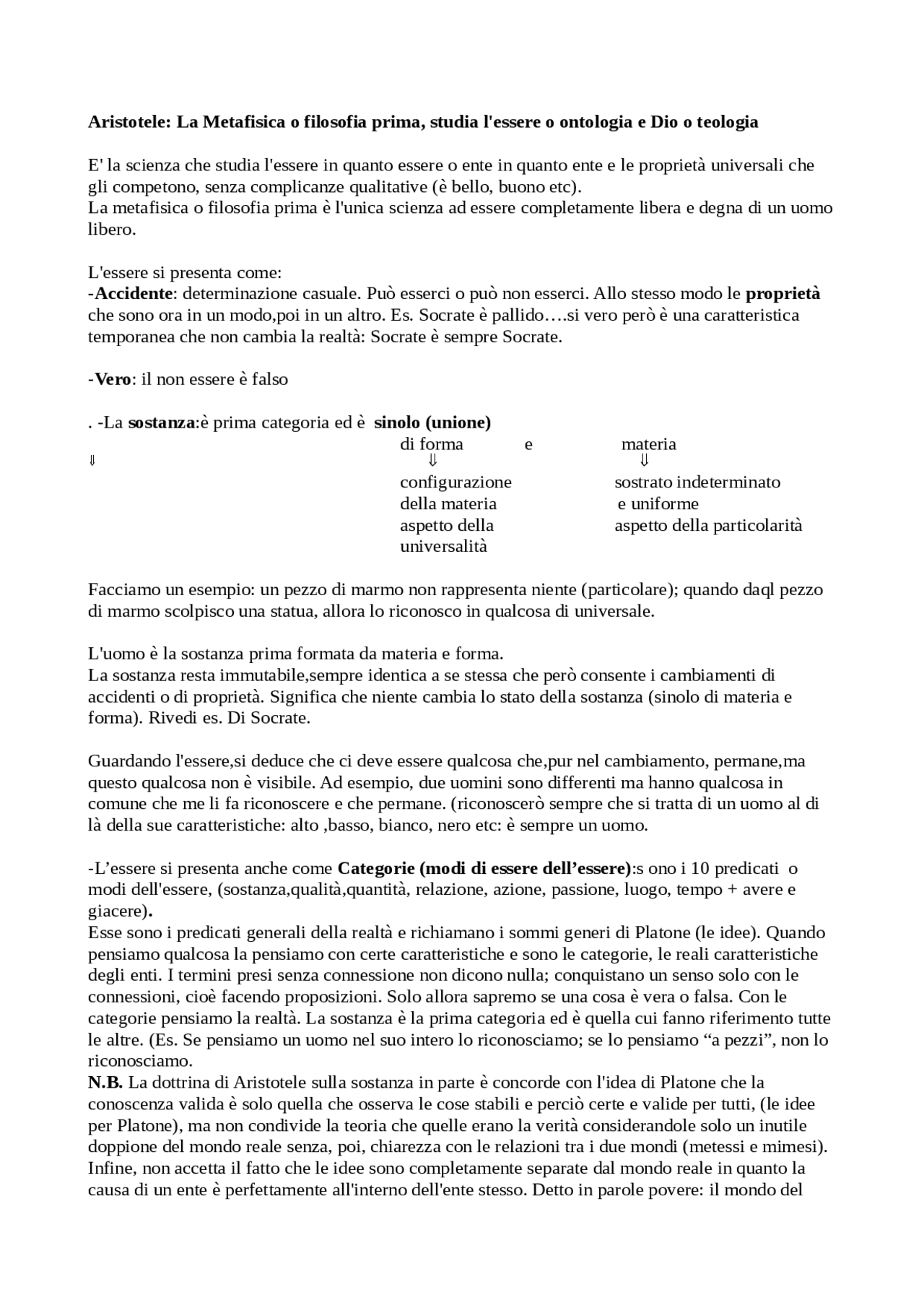 La Metafisica Di Aristotele Docsity