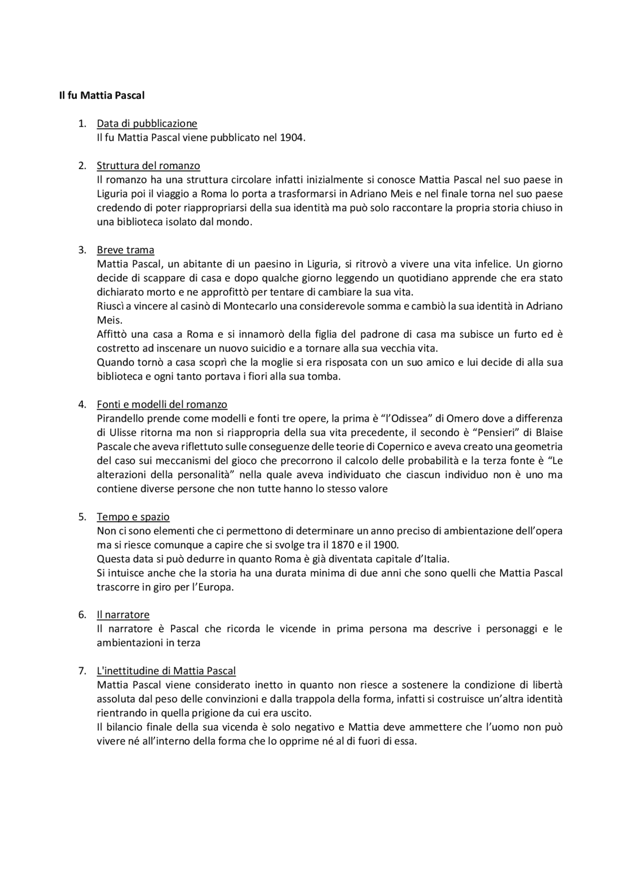 Il Fu Mattia Pascal Domande Docsity