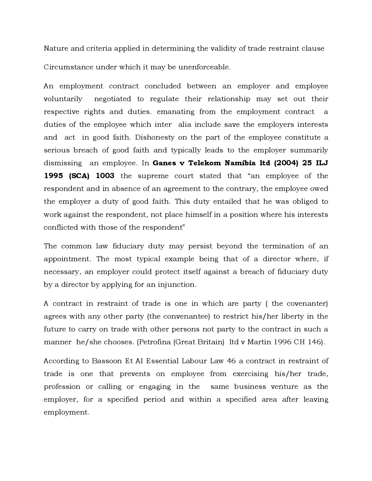 Trade restraint clause in employment contract - Docsity