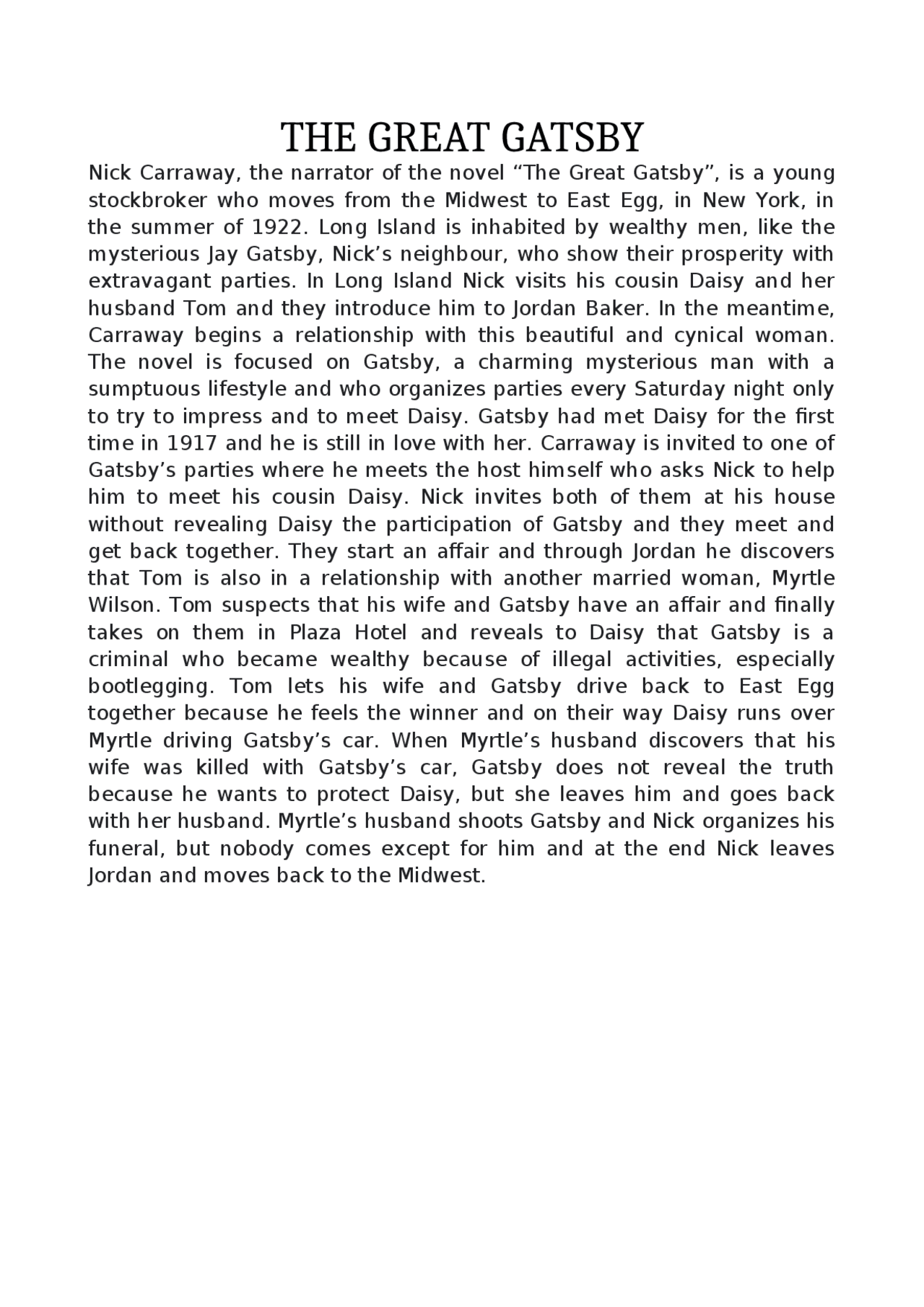 The Great Gatsby Summary Docsity