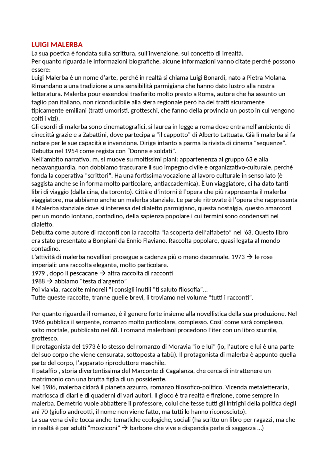 Appunti Luigi Malerba Docsity