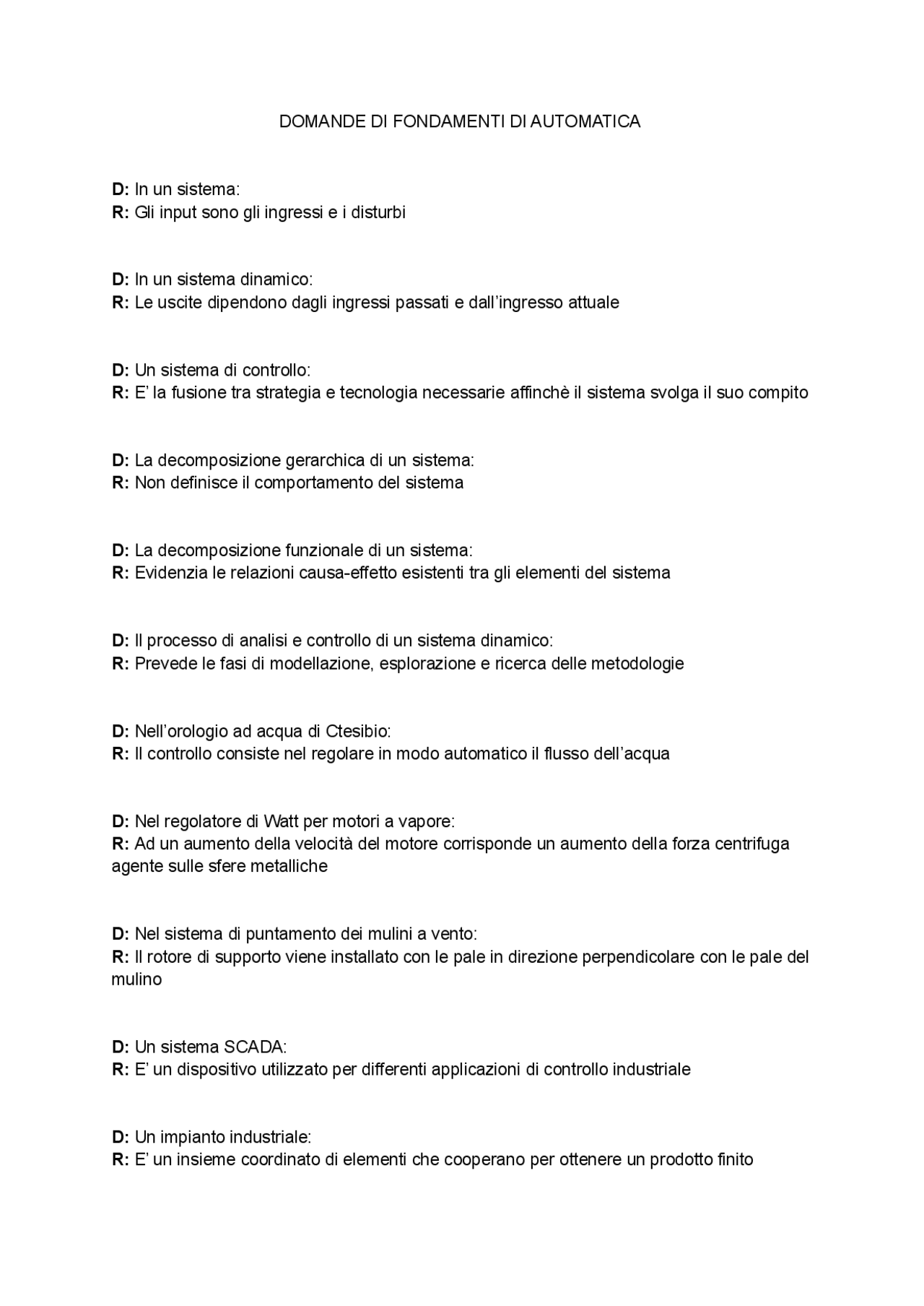 Fondamenti Di Automatica Docsity