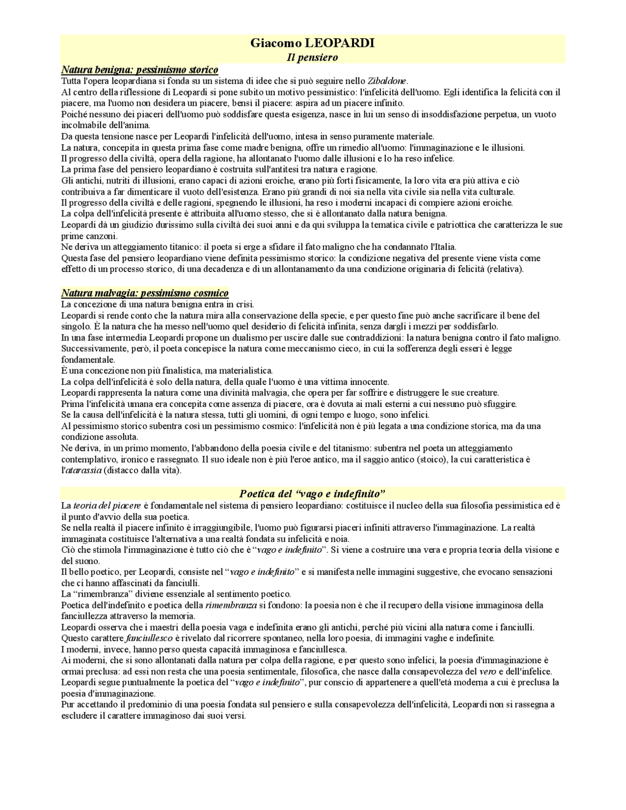 Giacomo Leopardi Sintesi Docsity