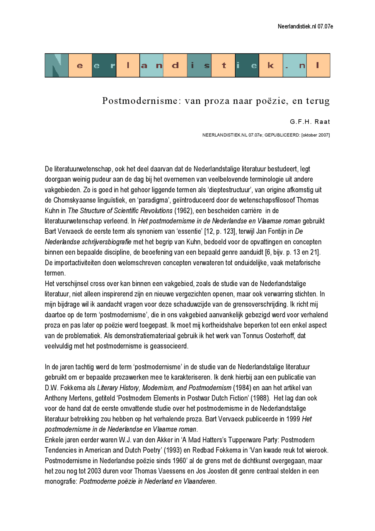 Postmodernisme: van proza naar poëzie, en terug | Neerlandistiek - Docsity