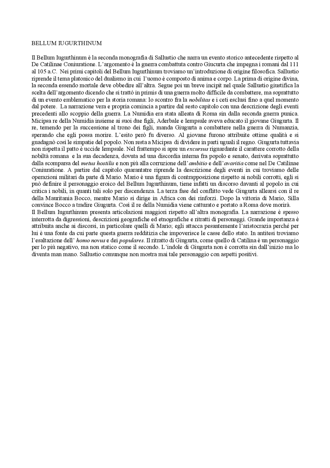 Bellum Iugurthinum Liceo Docsity