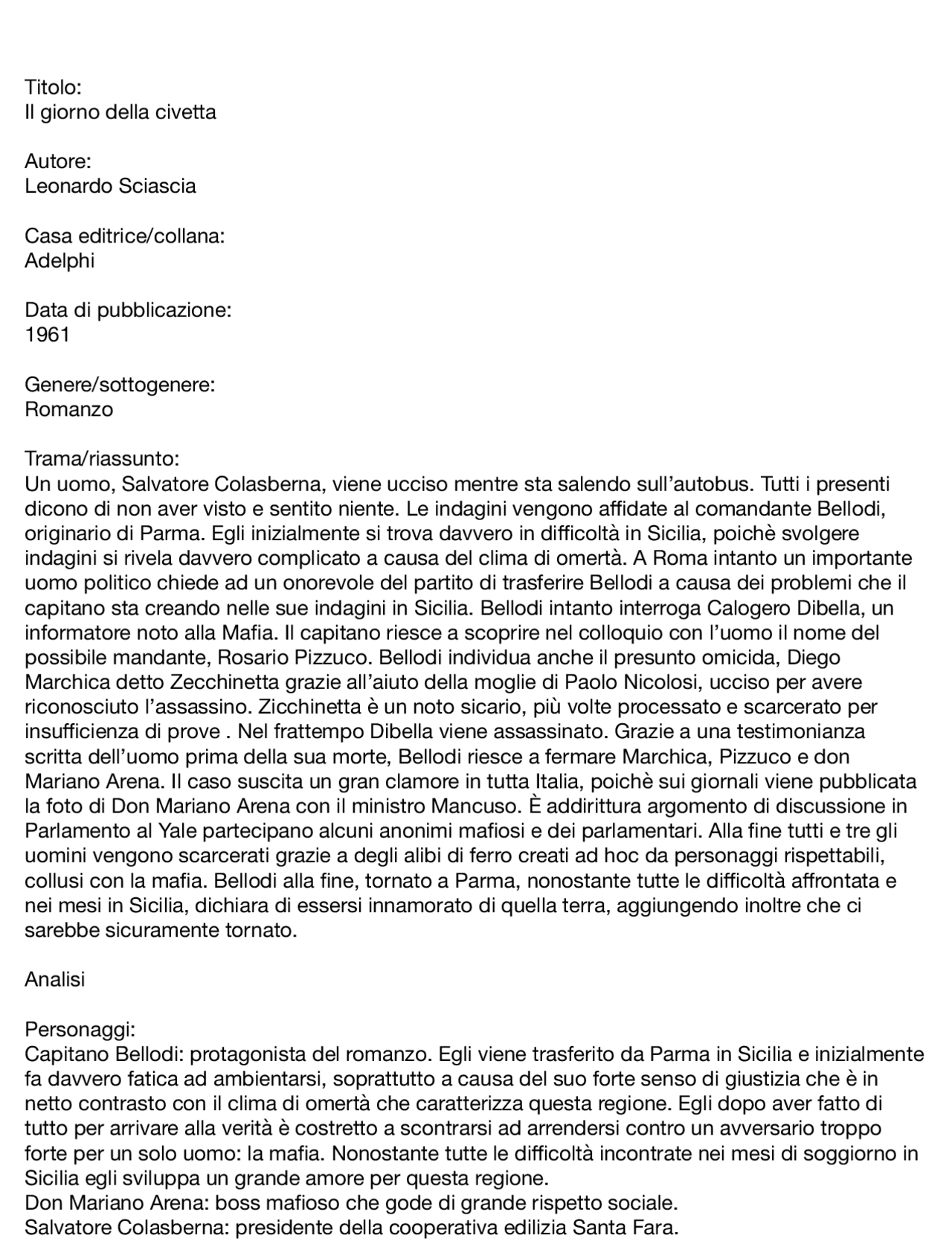 Scheda Libro Giorno Della Civetta” Docsity