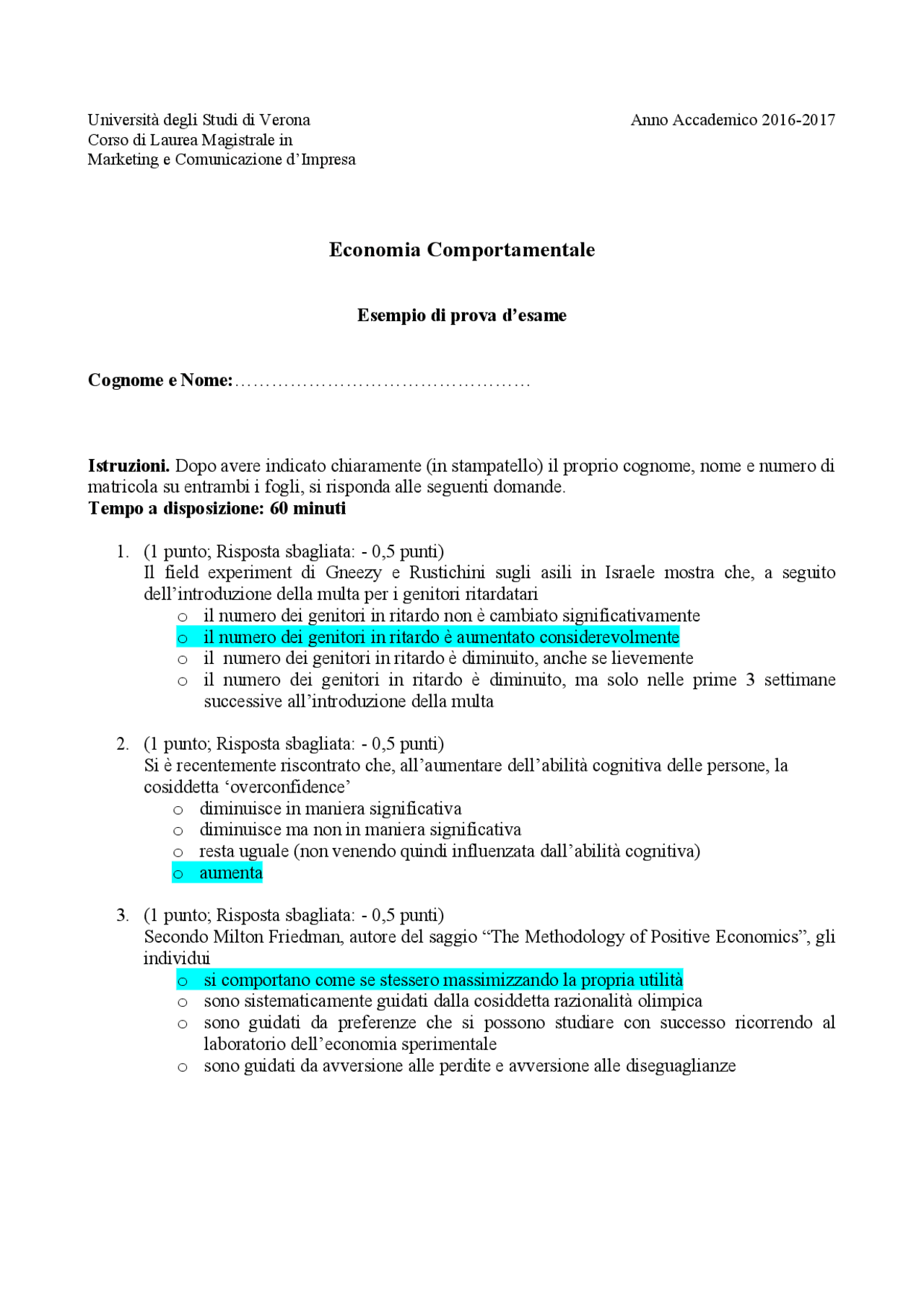 Prove Esame Economia Comportamentale Prove Desame Di Economia Docsity