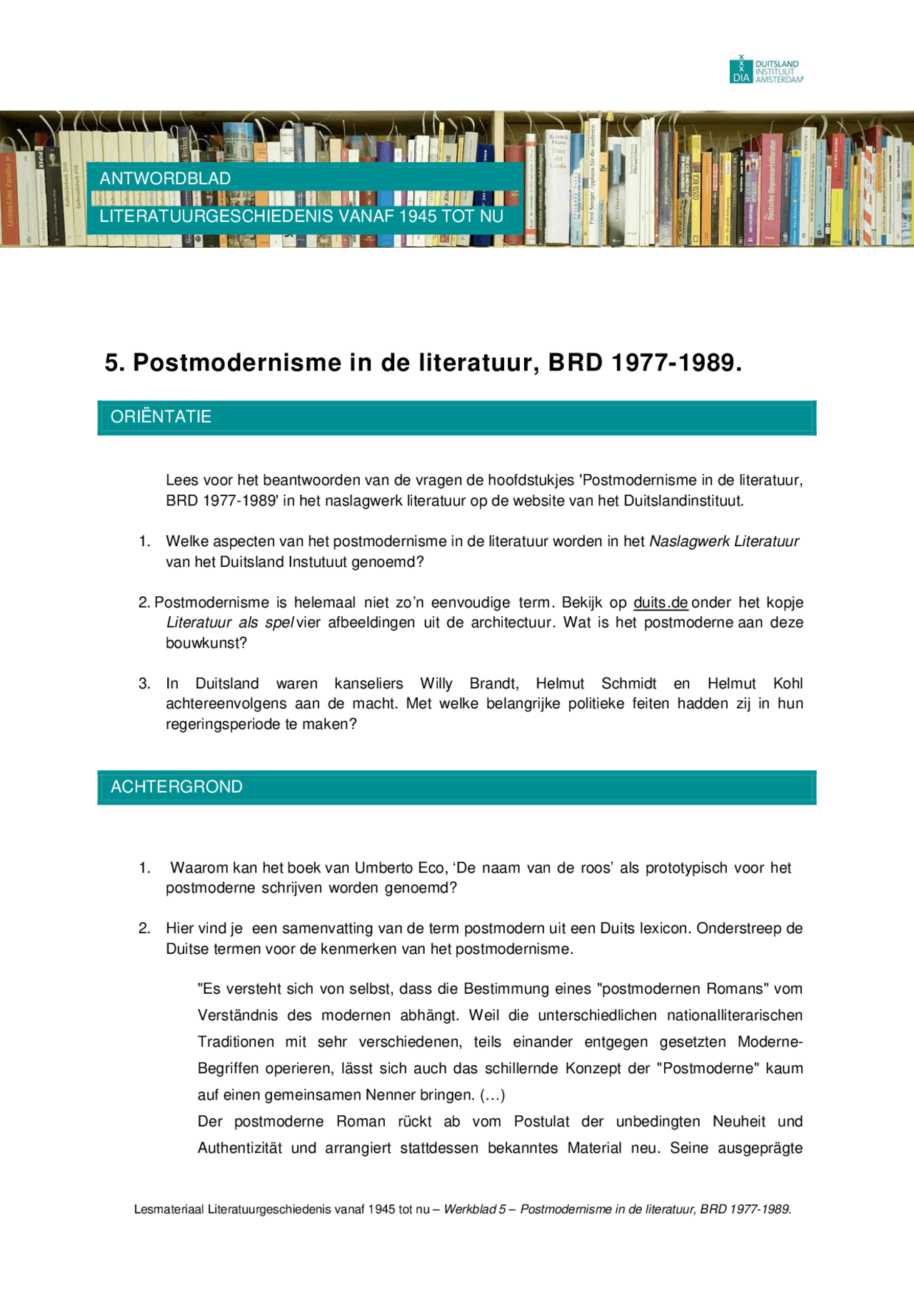 Postmodernisme in de literatuur, BRD 1977-1989. - Docsity
