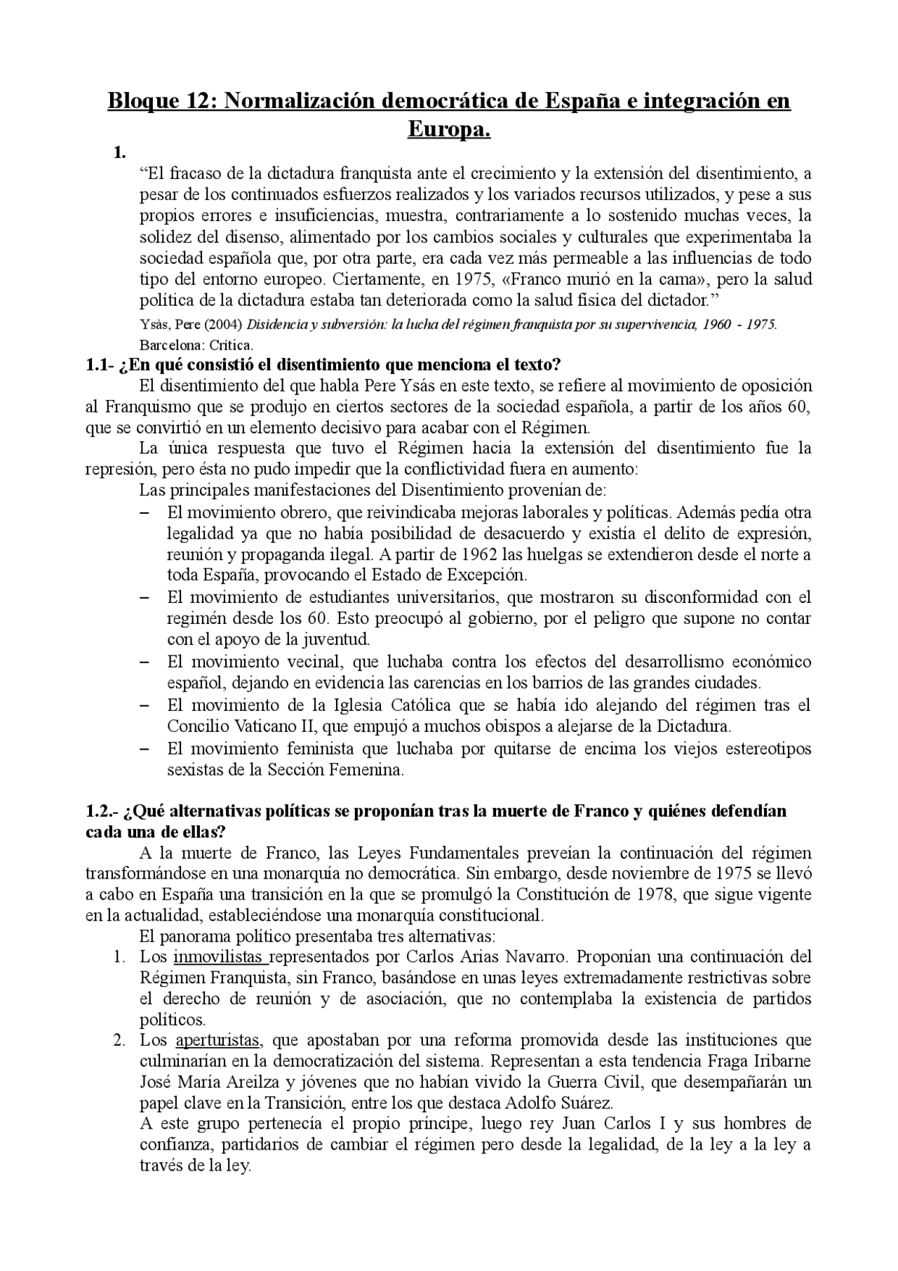 Historia De España Bloque 12 Docsity