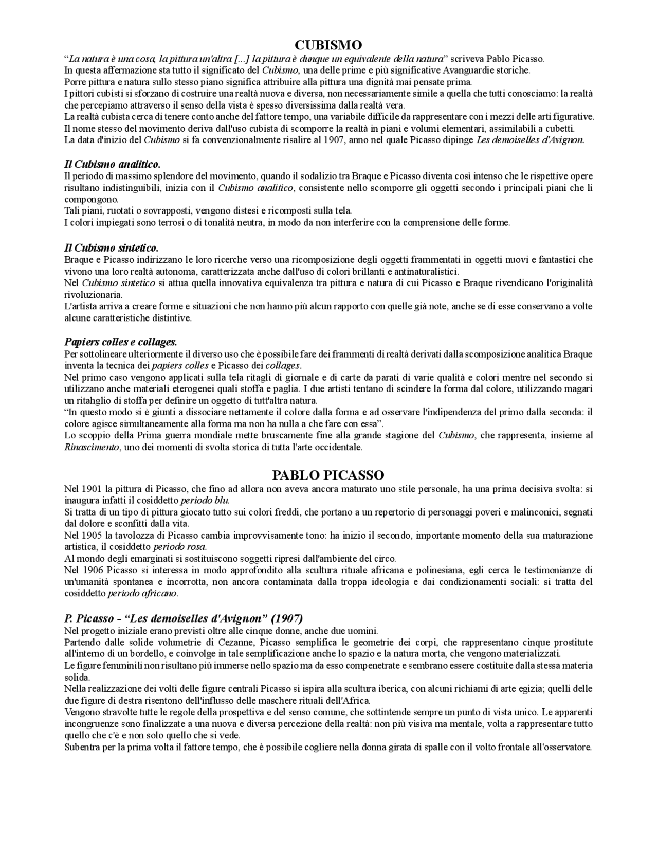Cubismo E Picasso Sintesi Docsity
