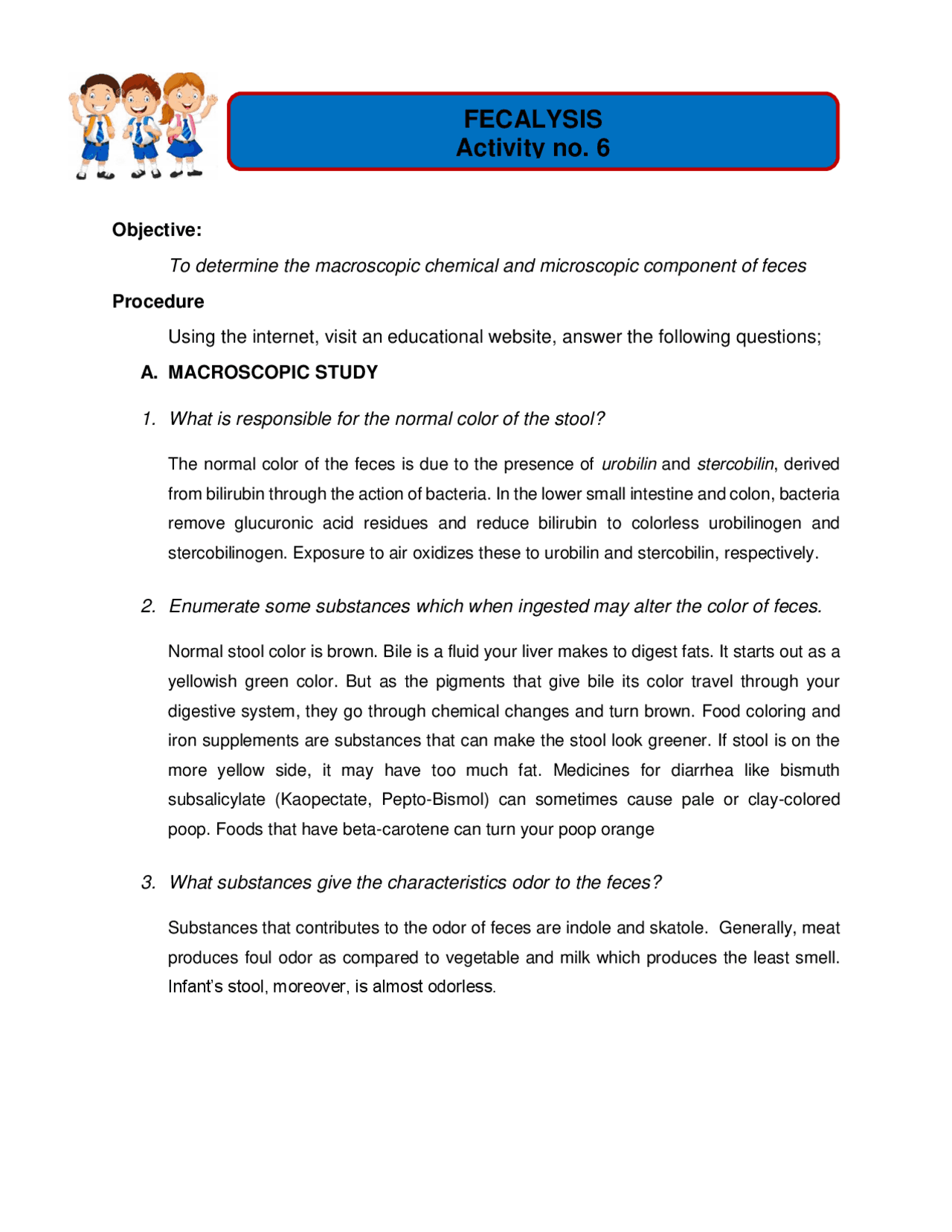 Fecalysis Laboratory | Assignments Biochemistry | Docsity