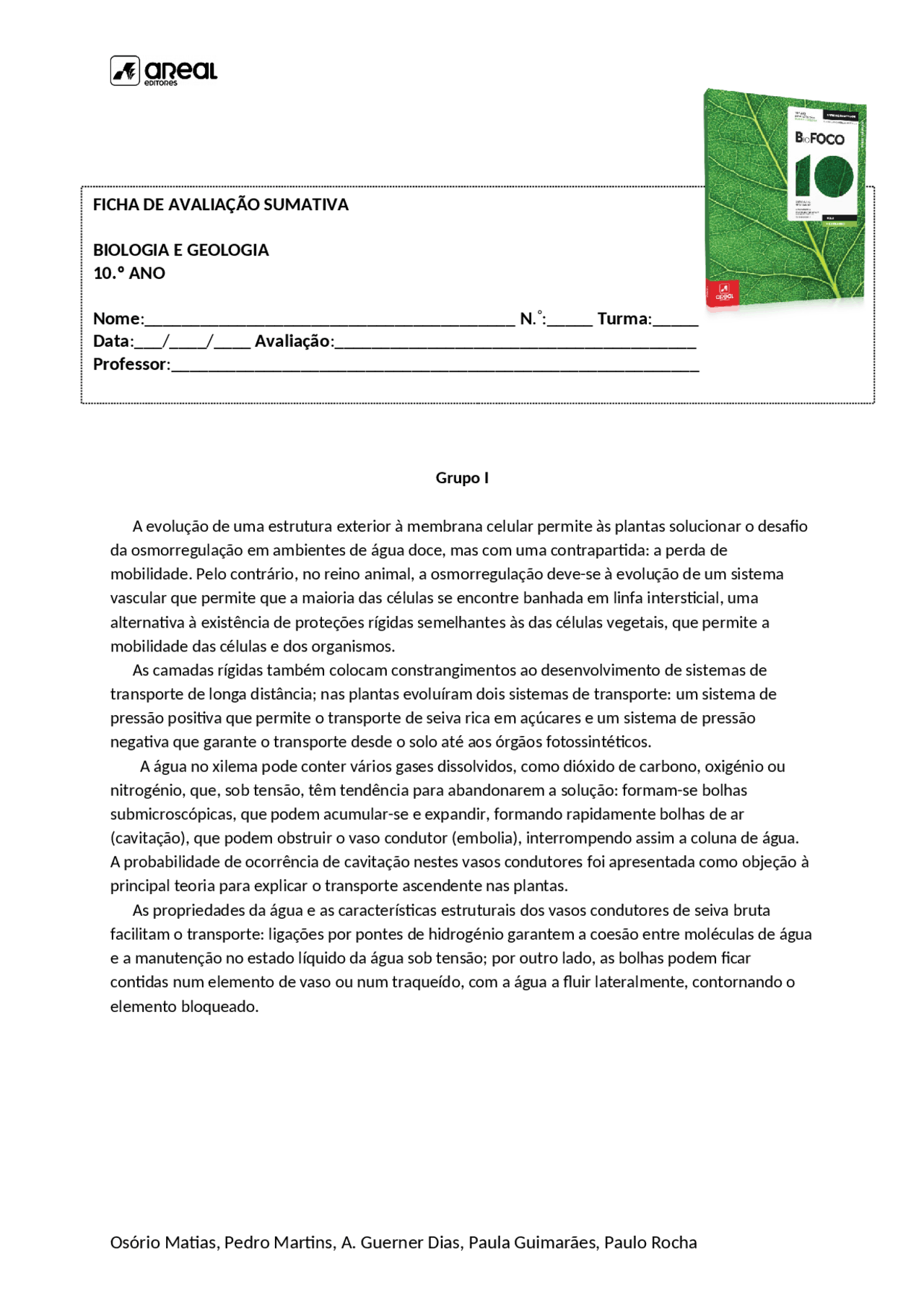 Teste Biologia E Geologia Provas Biologia Docsity